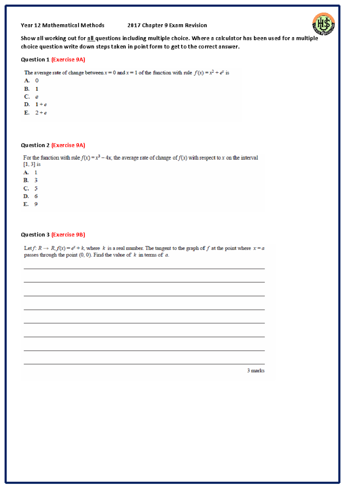 Year 12 Math Methods 2017 Chapter 9 Exam Revision Guide - Studocu