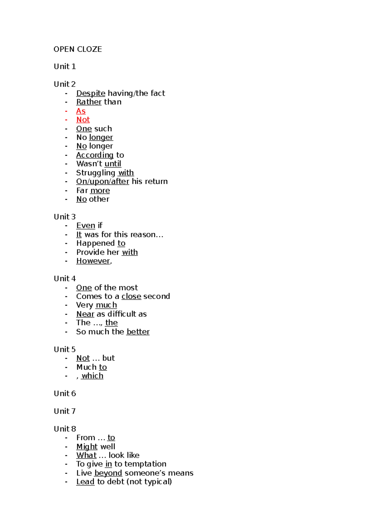 OPEN CLOZE Practice Units 1-8 for Exam Preparation - Studocu