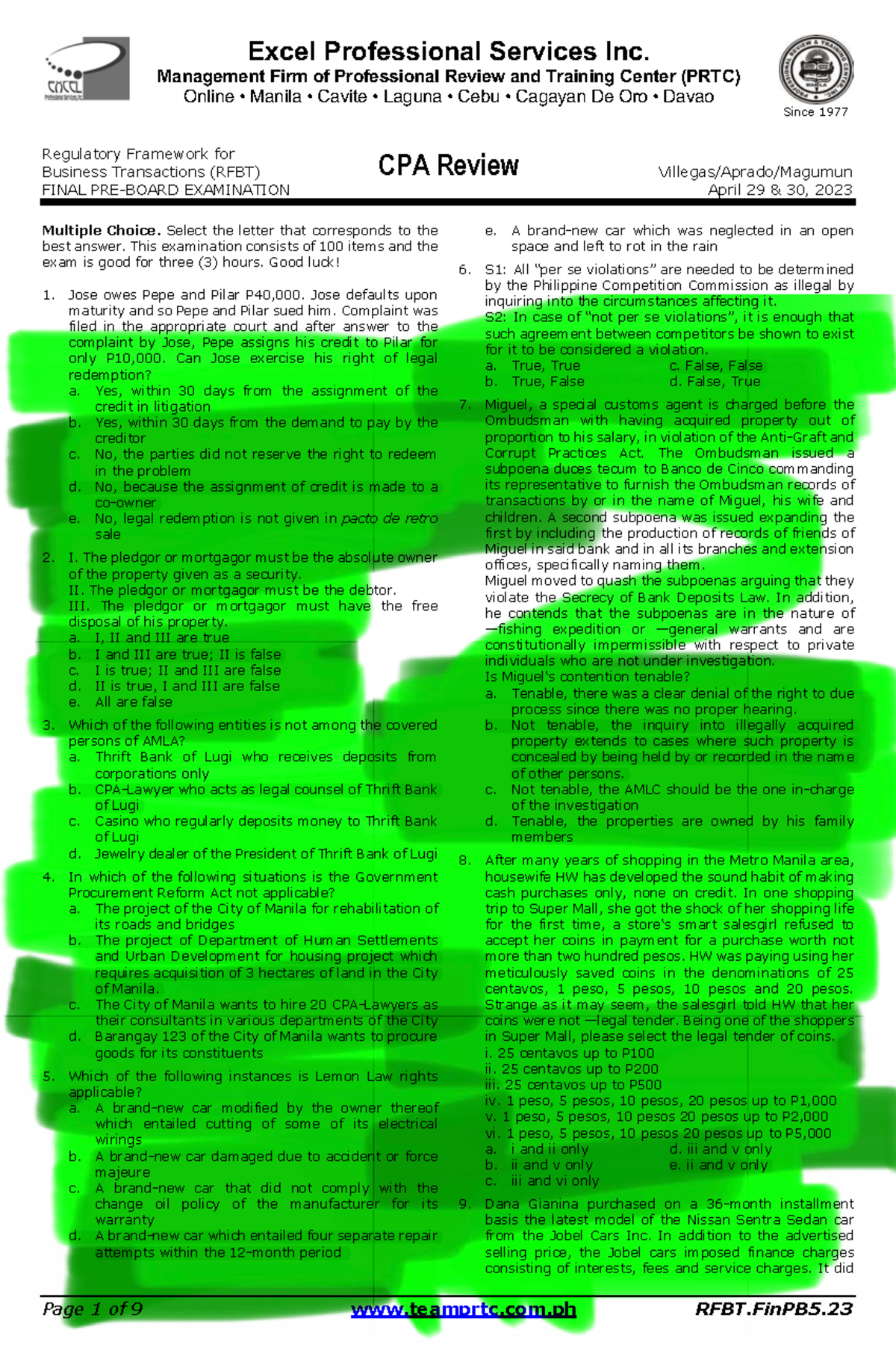 PRTC RFBT 2023 May Final Exam Review: Multiple Choice Questions - Studocu