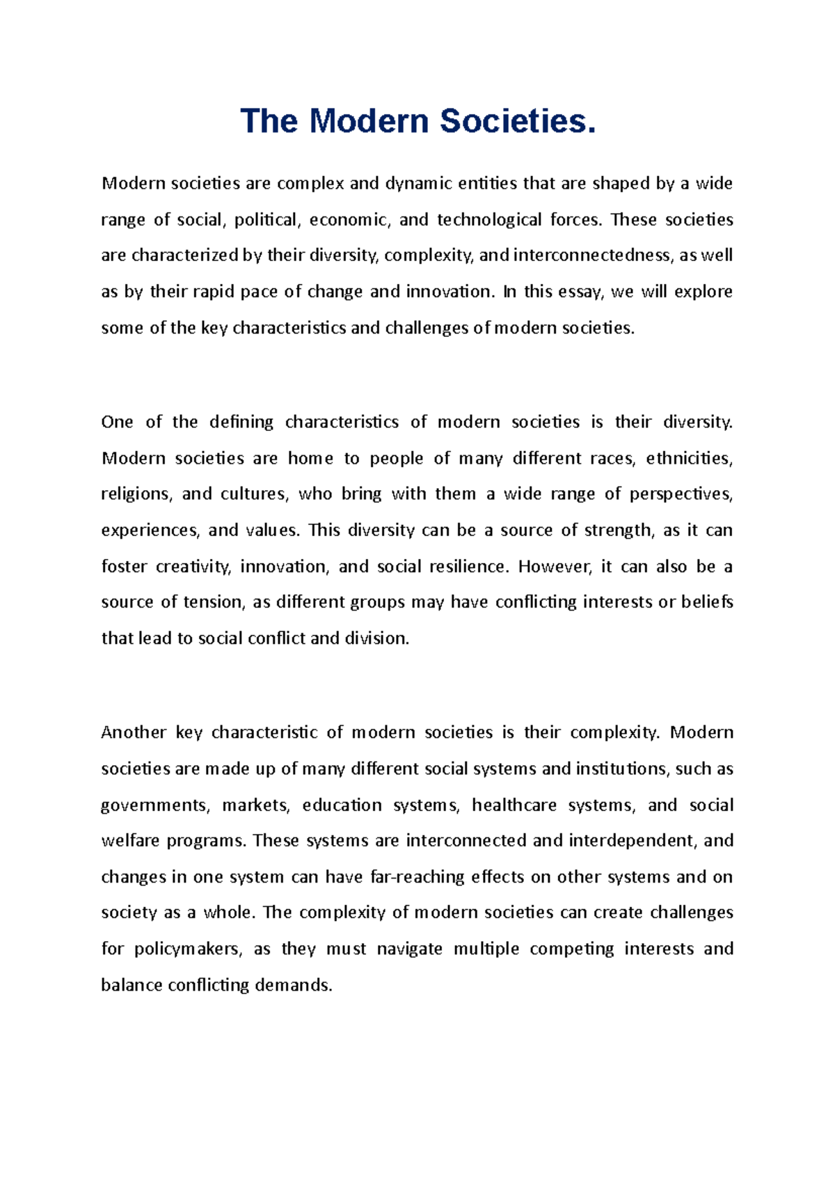 Brief Note on The Modern Societies - The Modern Societies. Modern ...