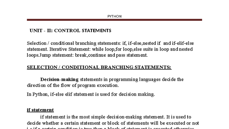 Unit II: Control Statements in PYTHON - Conditional & Iterative Logic - Studocu