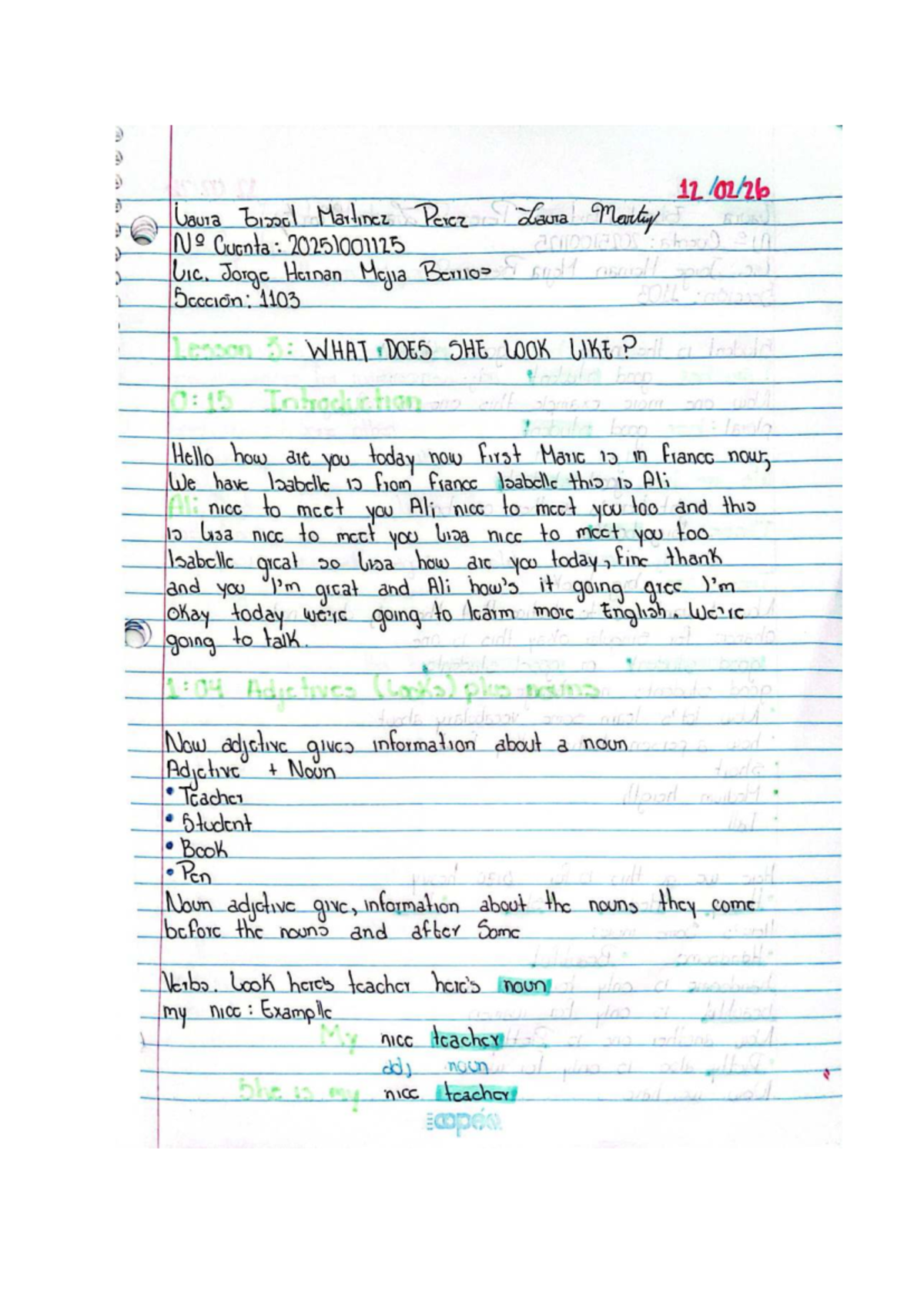 Inglés 1103: Lesson Notes on Describing People and Adjectives - Studocu