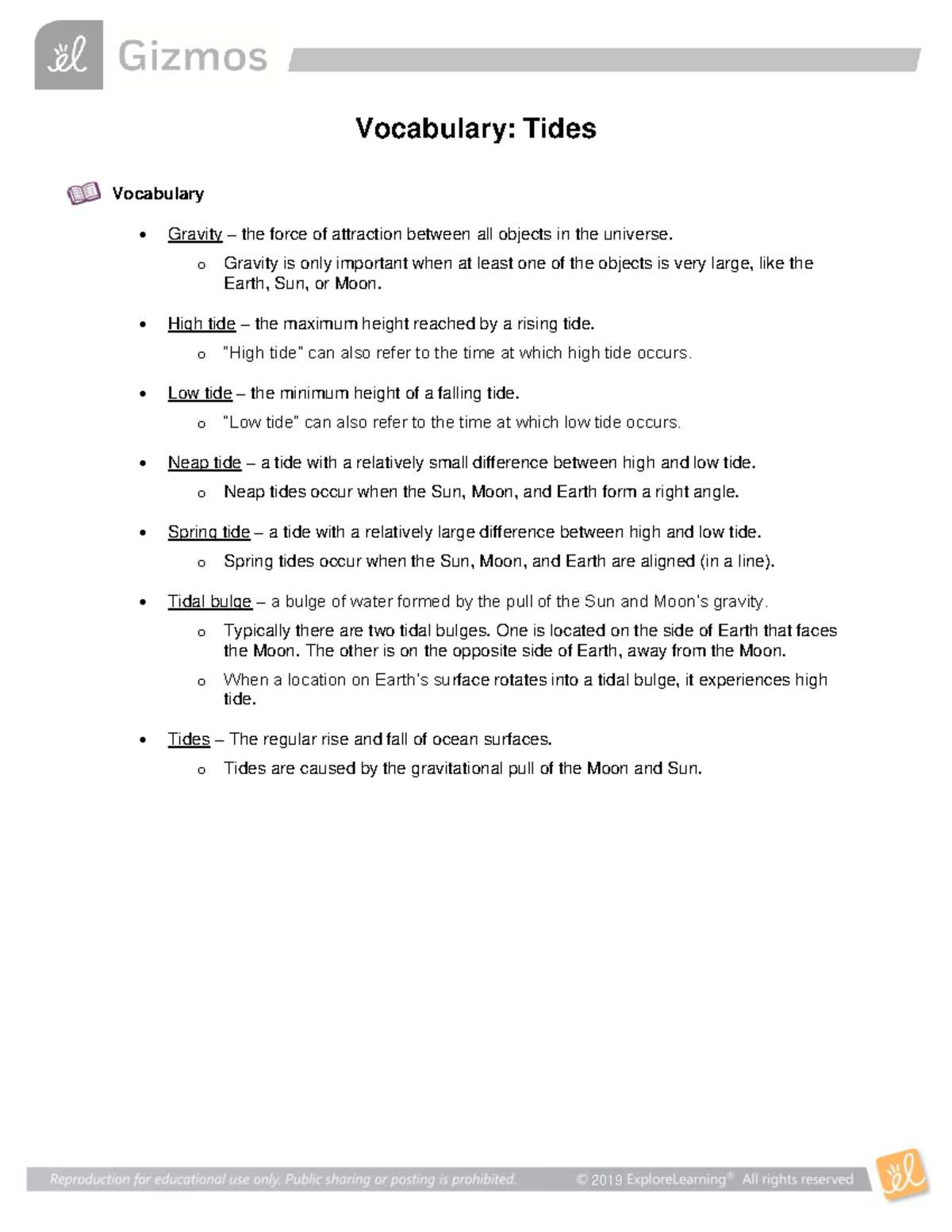 Tides Vocab - 2019 Vocabulary: Tides Vocabulary Gravity – the force of ...