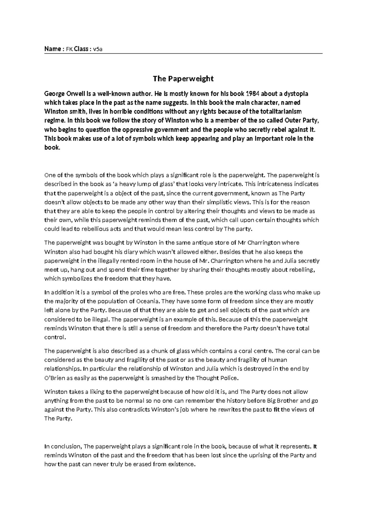 Essay on the Symbolic Role of the Paperweight in 1984 (FK v5a ...