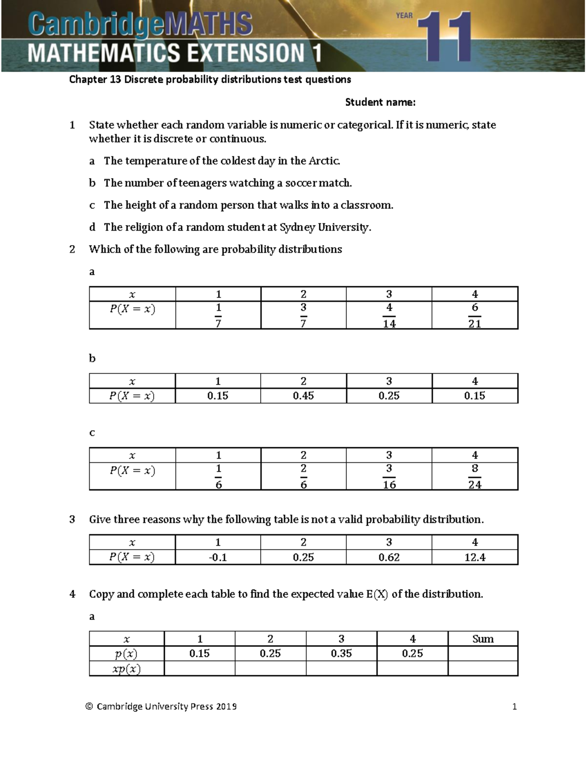 Chapter 13 Discrete Probability Distributions Test - Year 11 Cambridge ...