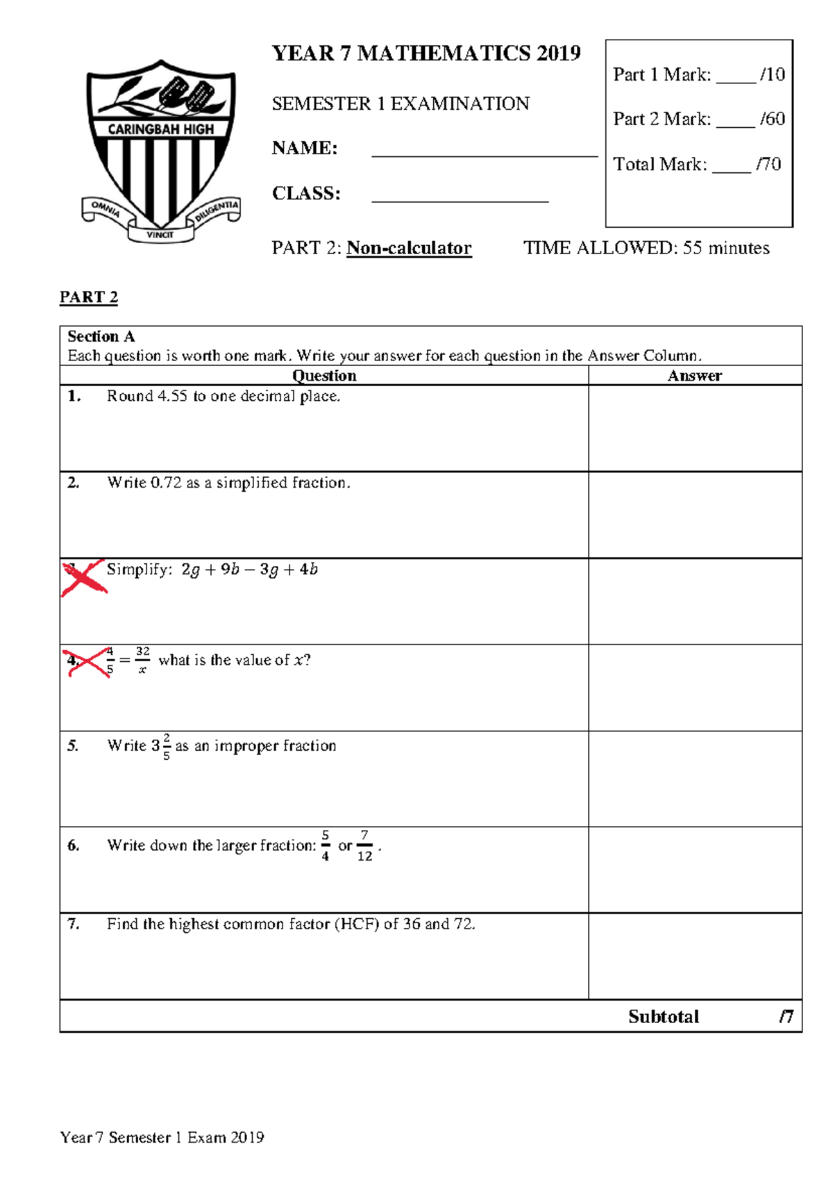 Year 7 Mathematics 2019 Semester 1 Exam & Solutions for 7MG - Studocu