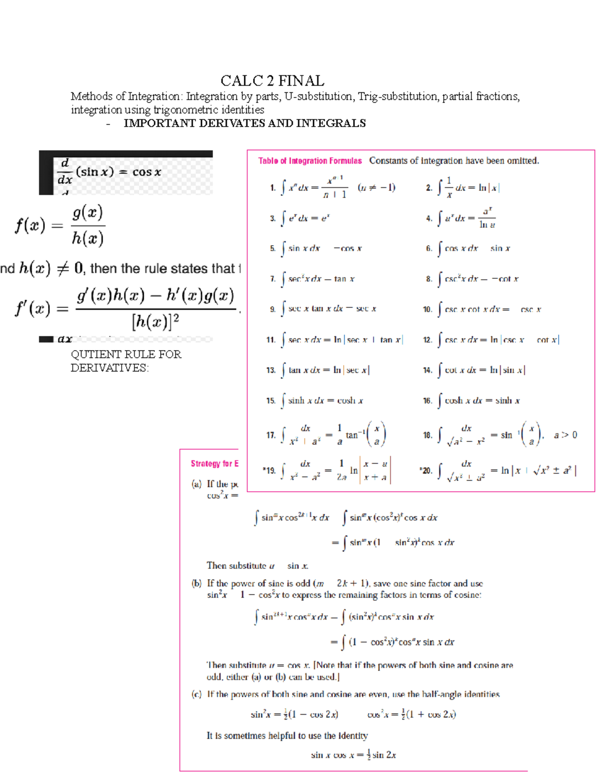 CALC 2 FINAL - Notes on Integration Techniques and Trigonometric ...