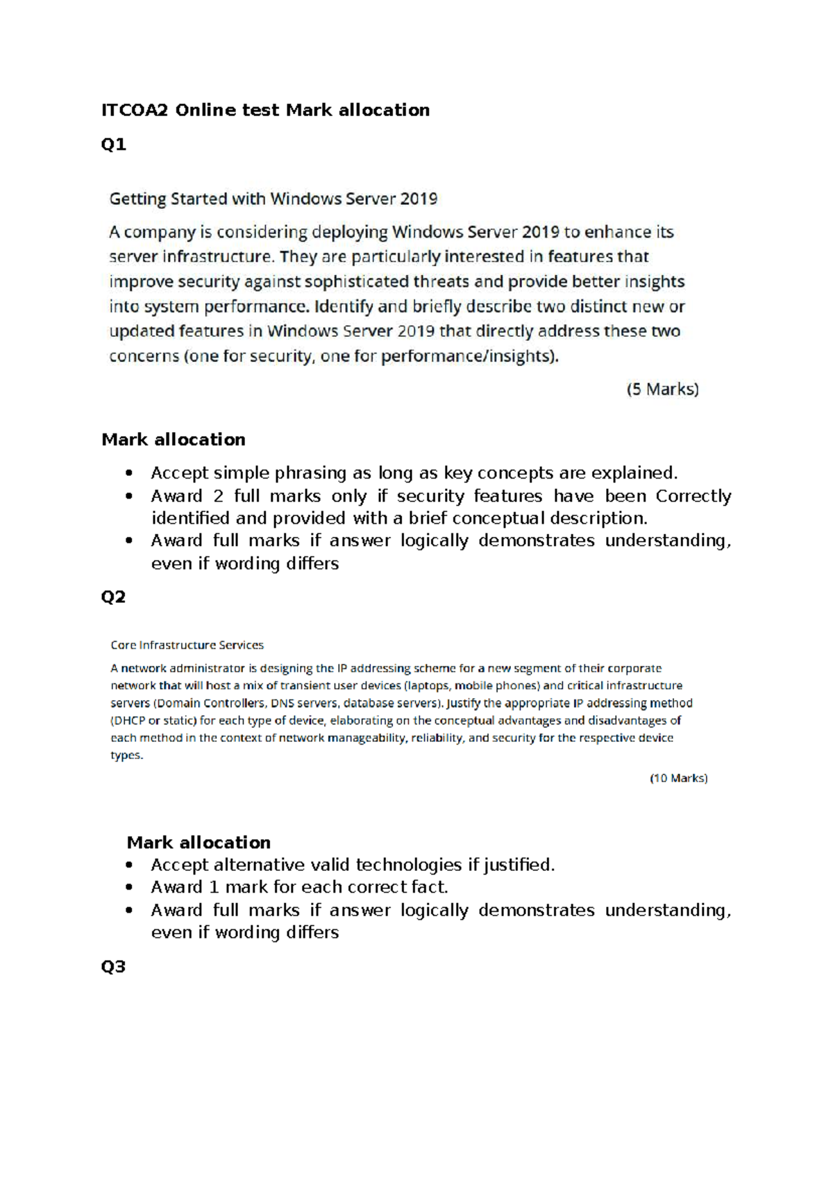 ITCOA2 Online Test Mark Allocation Guidelines and Criteria - Studocu