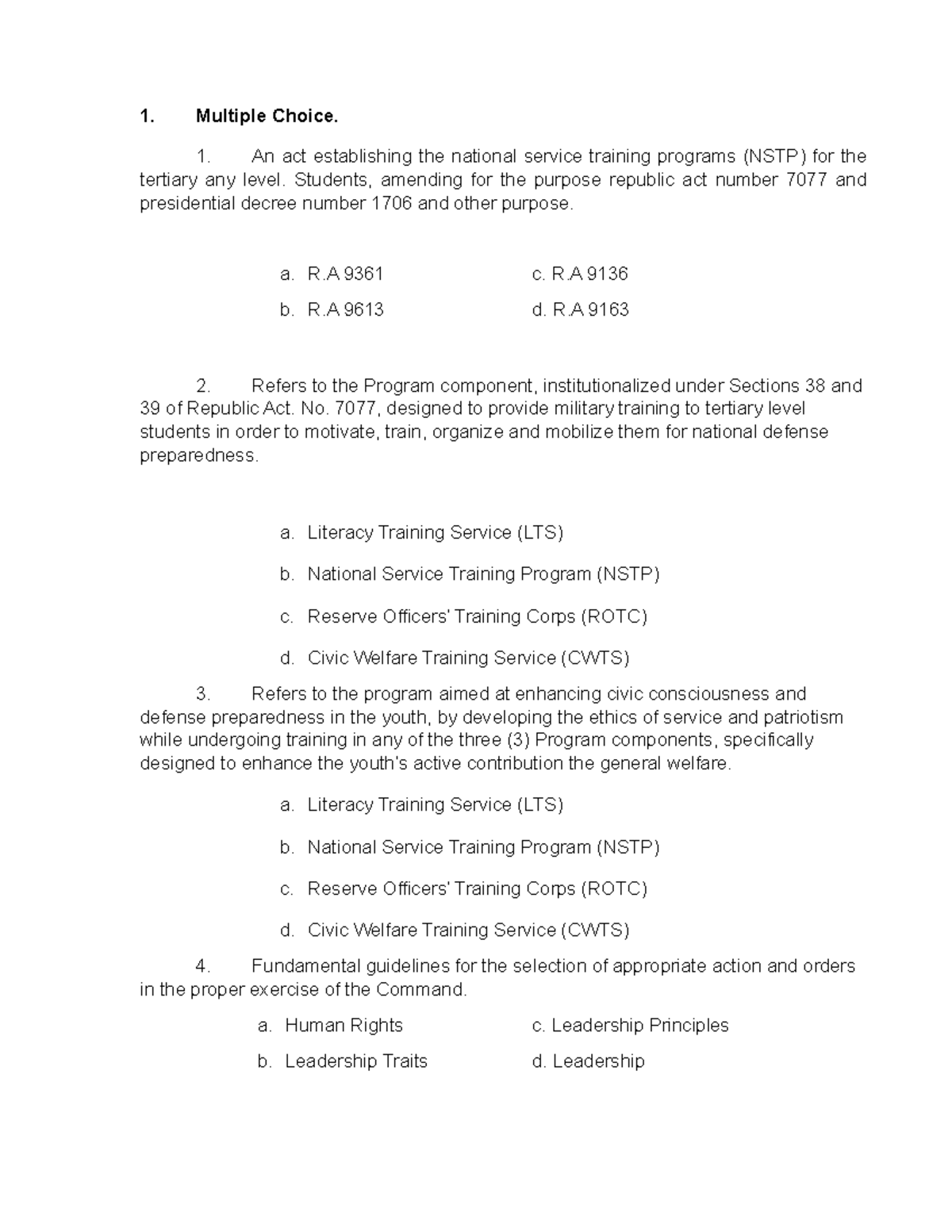 ROTC Examination - Multiple Choice. An act establishing the national ...