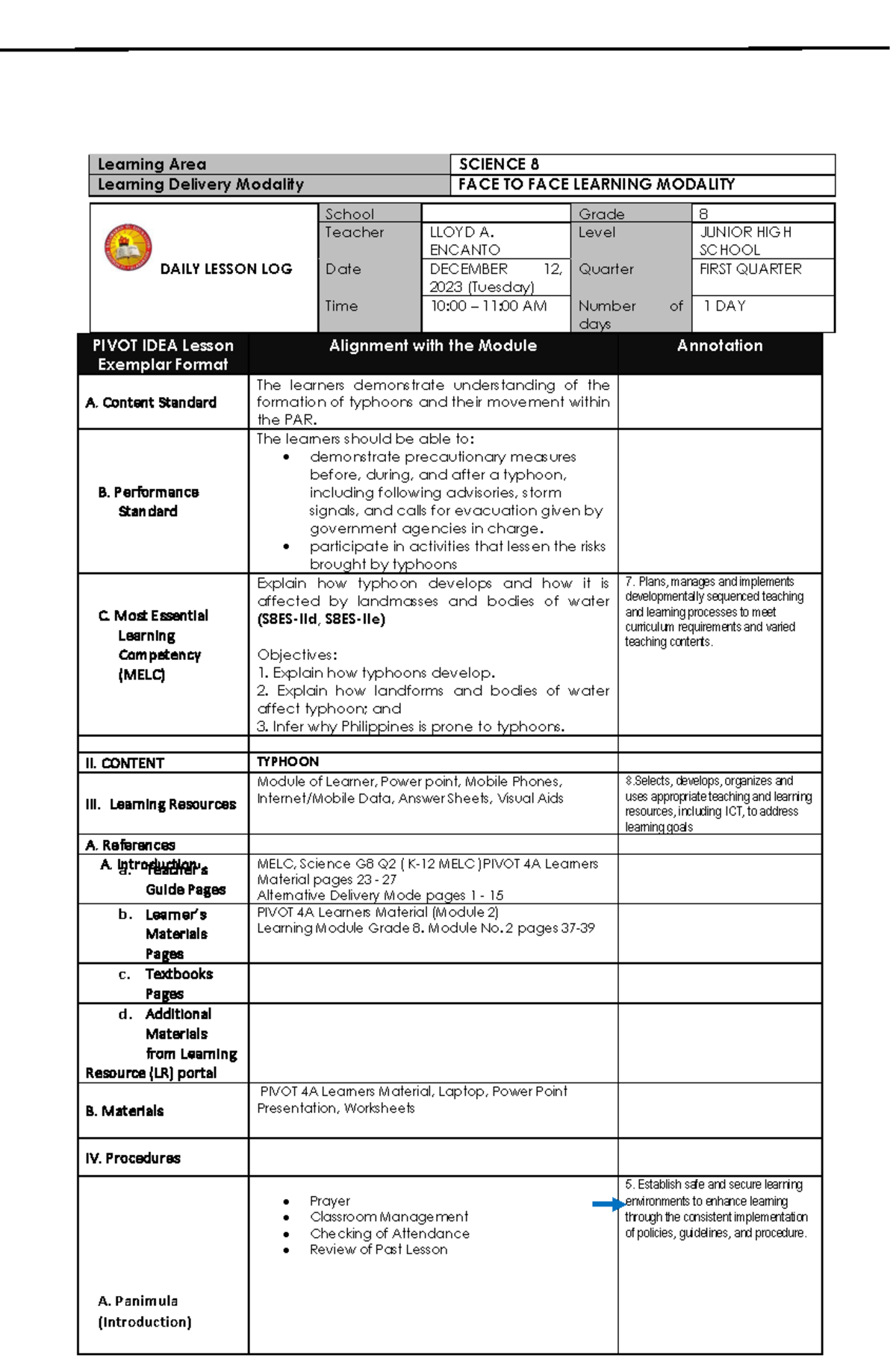 DLP SCIENCE 8 - Lesson Plan on Typhoon Formation and Safety Measures ...