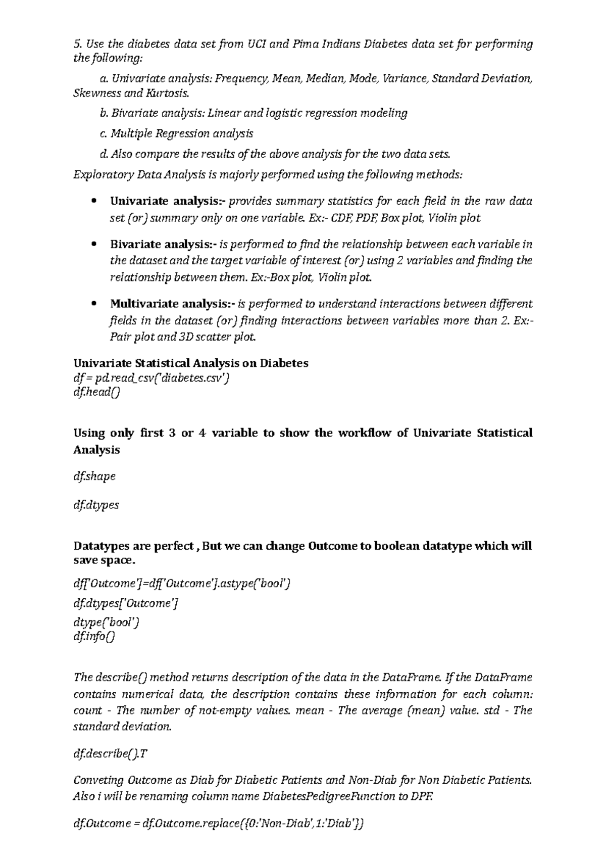 Exploratory Data Analysis of Diabetes Data (DS Lab Ex 5-a-b-c) - Studocu