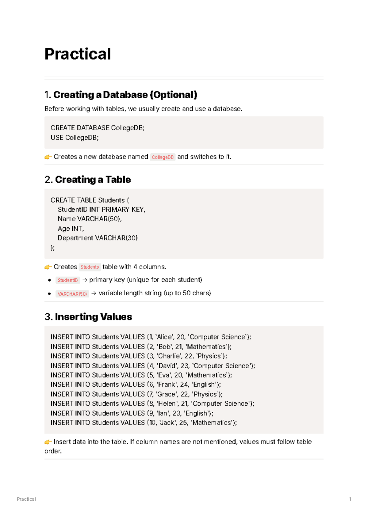 DBMS Practical 1: Creating and Managing Databases and Tables - Studocu