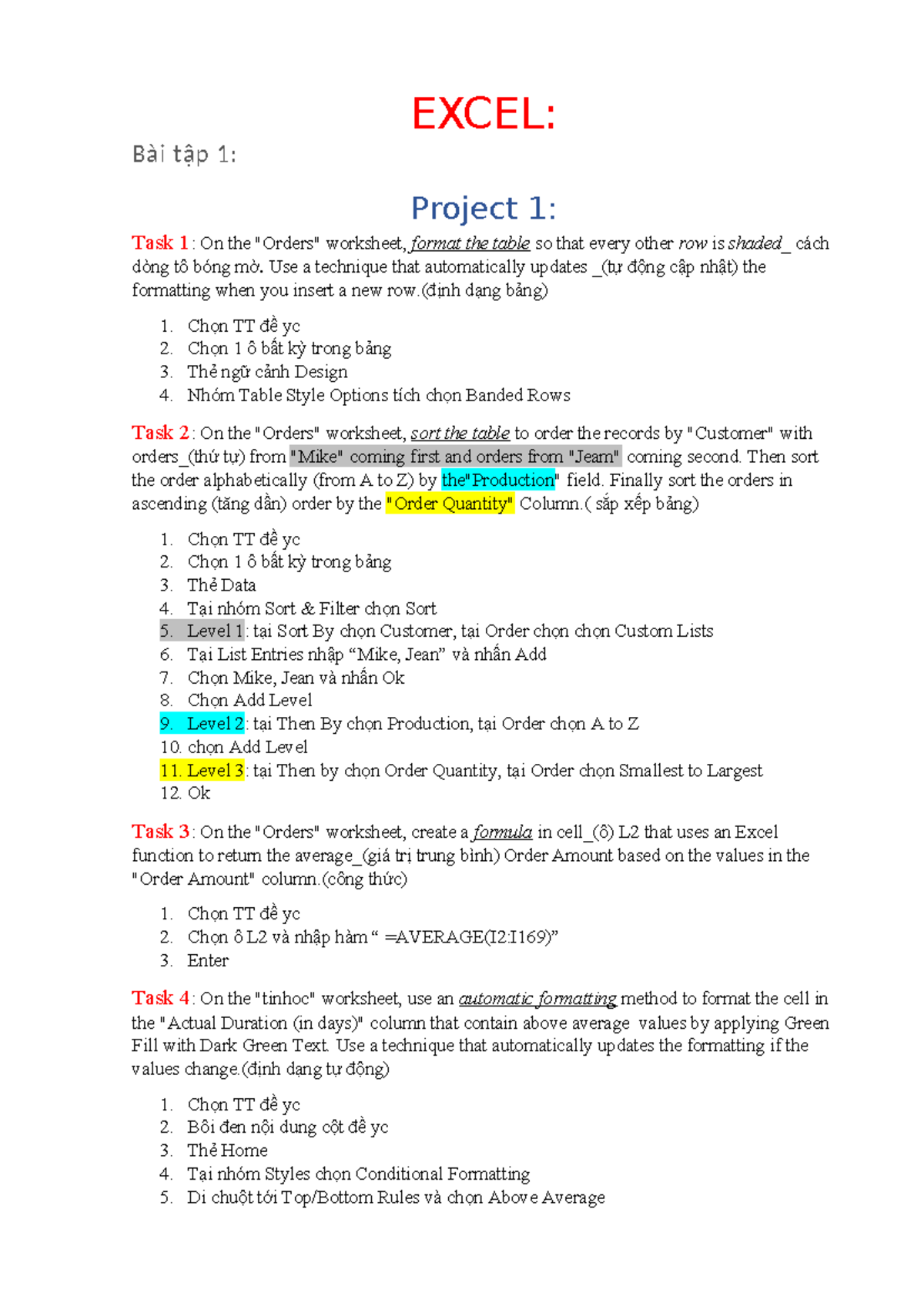 Excel MOS - Project Tasks and Solutions Summary - Studocu