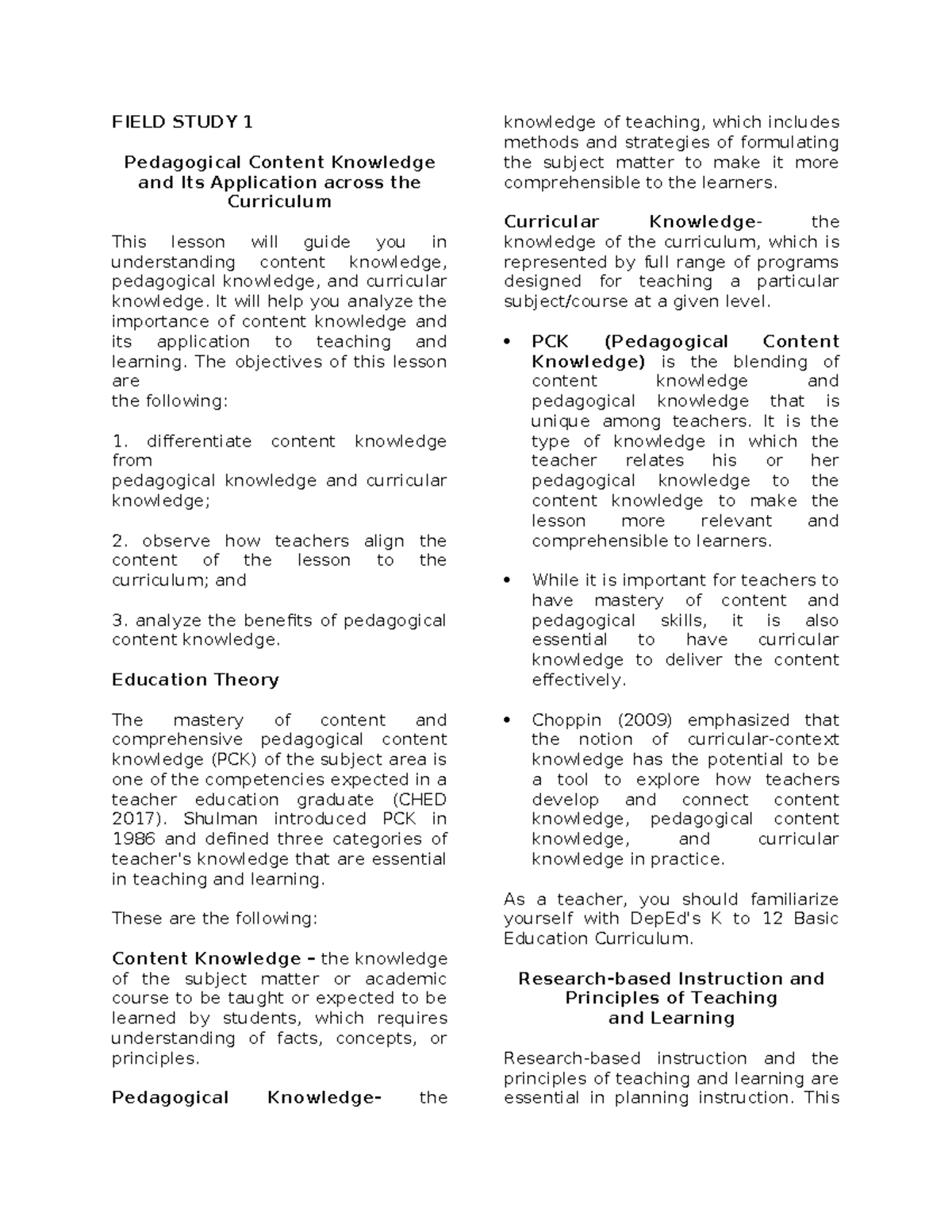 Field Study 1 & 2: Pedagogical Knowledge & Constructivist Teaching ...
