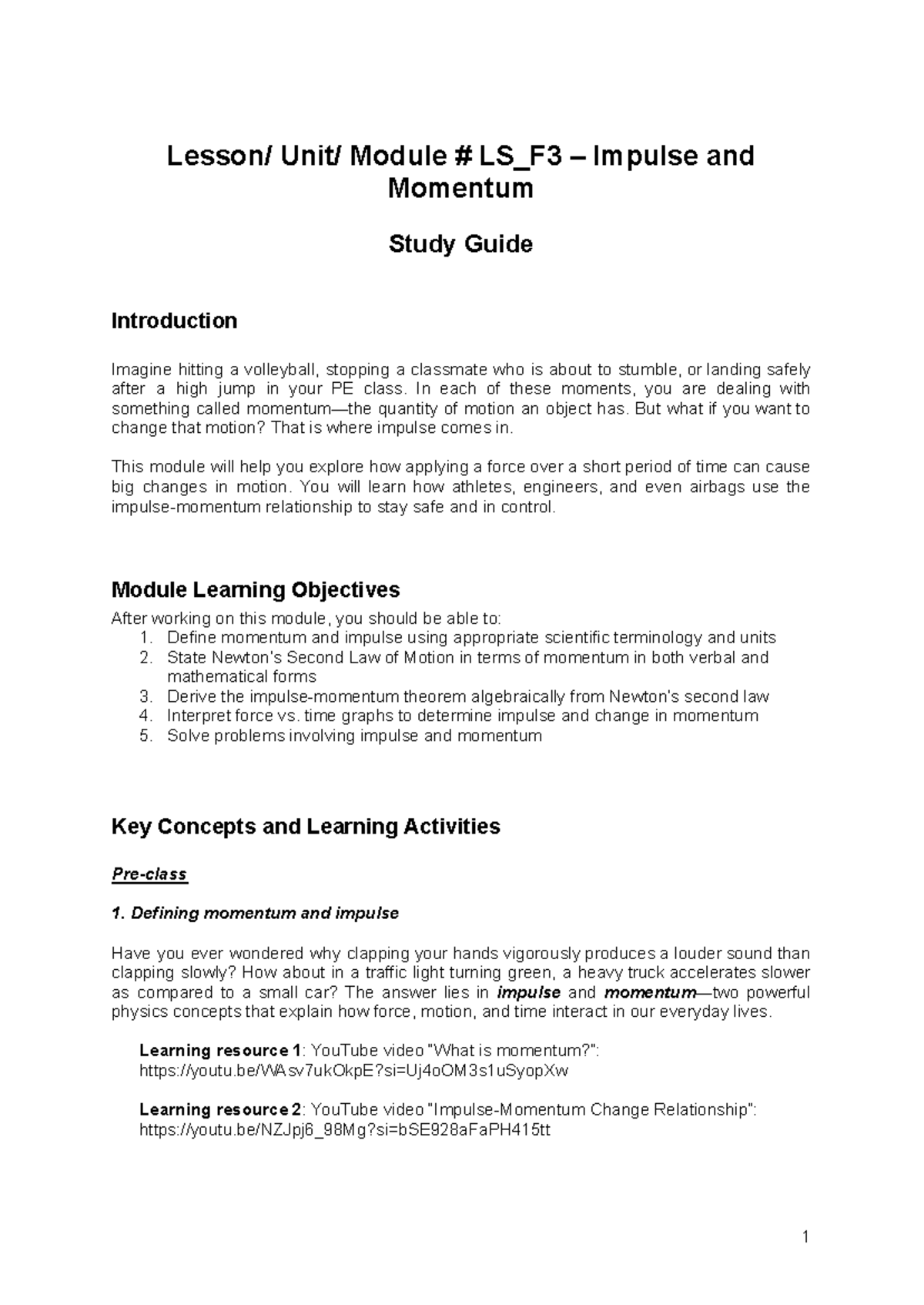 LS_F3 Impulse and Momentum Study Guide: Key Concepts & Applications - Studocu