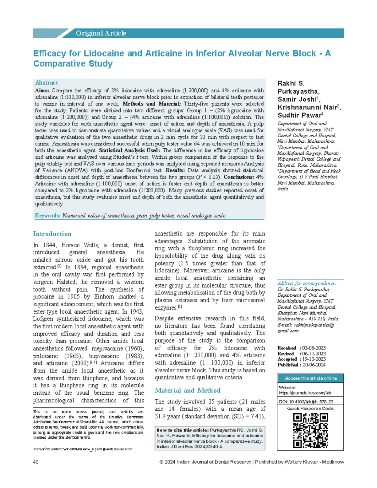 Comparative Study of Lidocaine vs Articaine in IANB Efficacy - Studocu