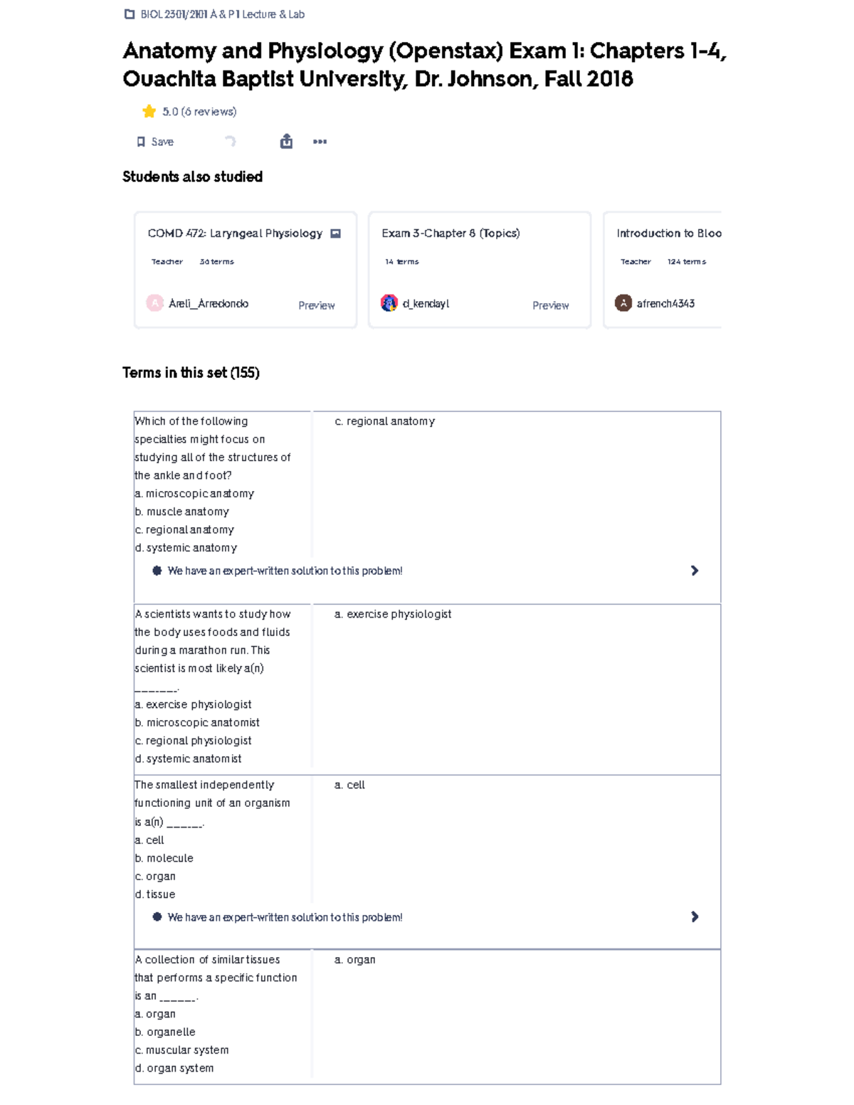 BIOL A P 1 Midterm Quizlet Study Guide - Anatomy & Physiology - Studocu