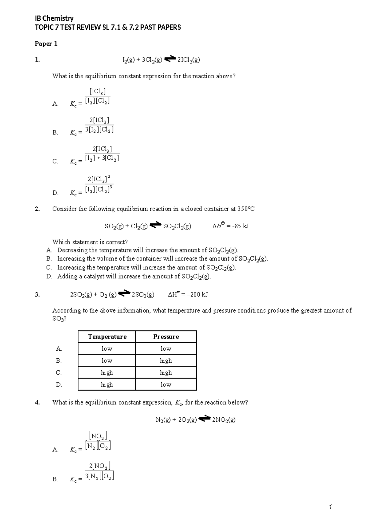 Topic 7 TEST Review SL 7.1 & 7.2 Past Papers on Equilibrium Concepts ...