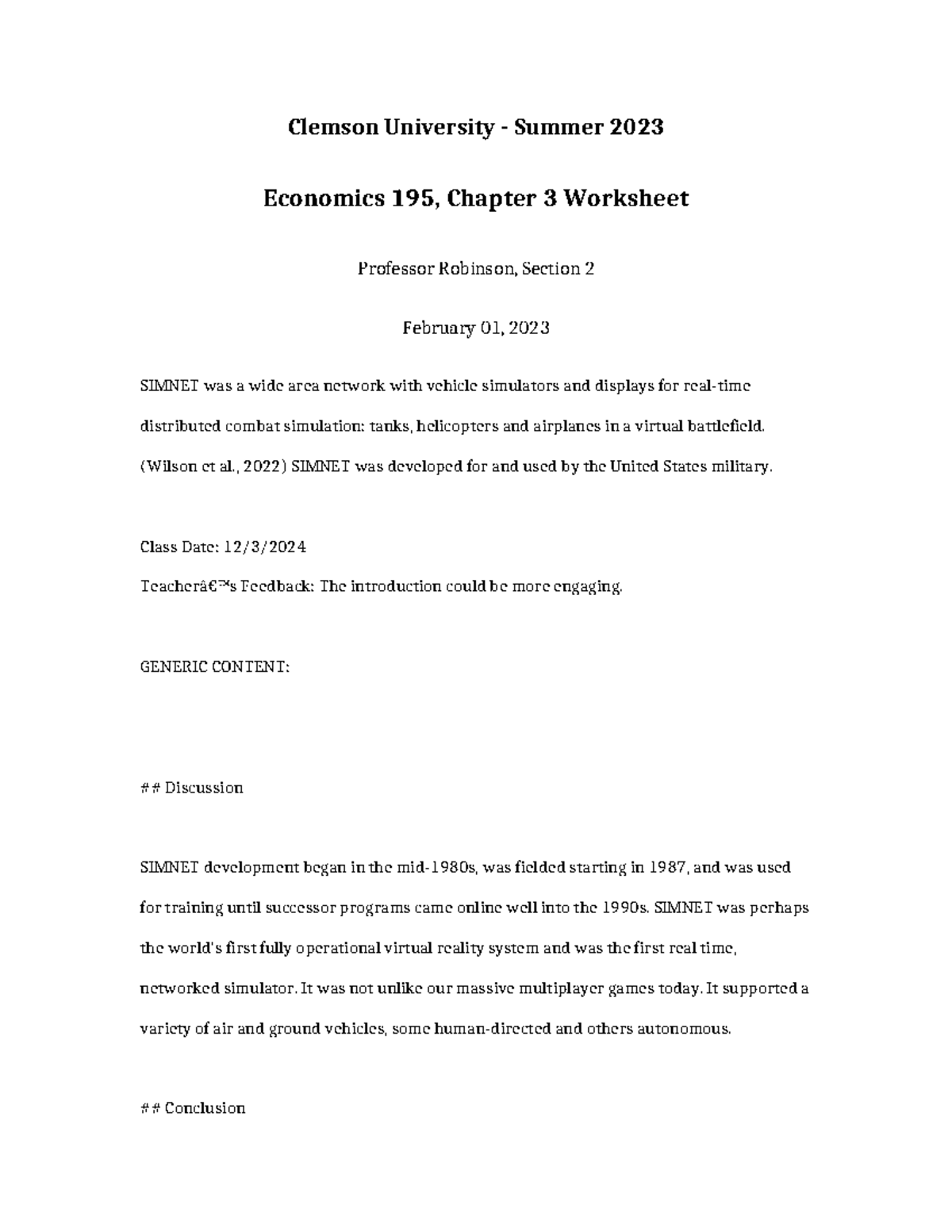 Economics 195 Chapter 3 Worksheet - Clemson University - Summer 2023 ...