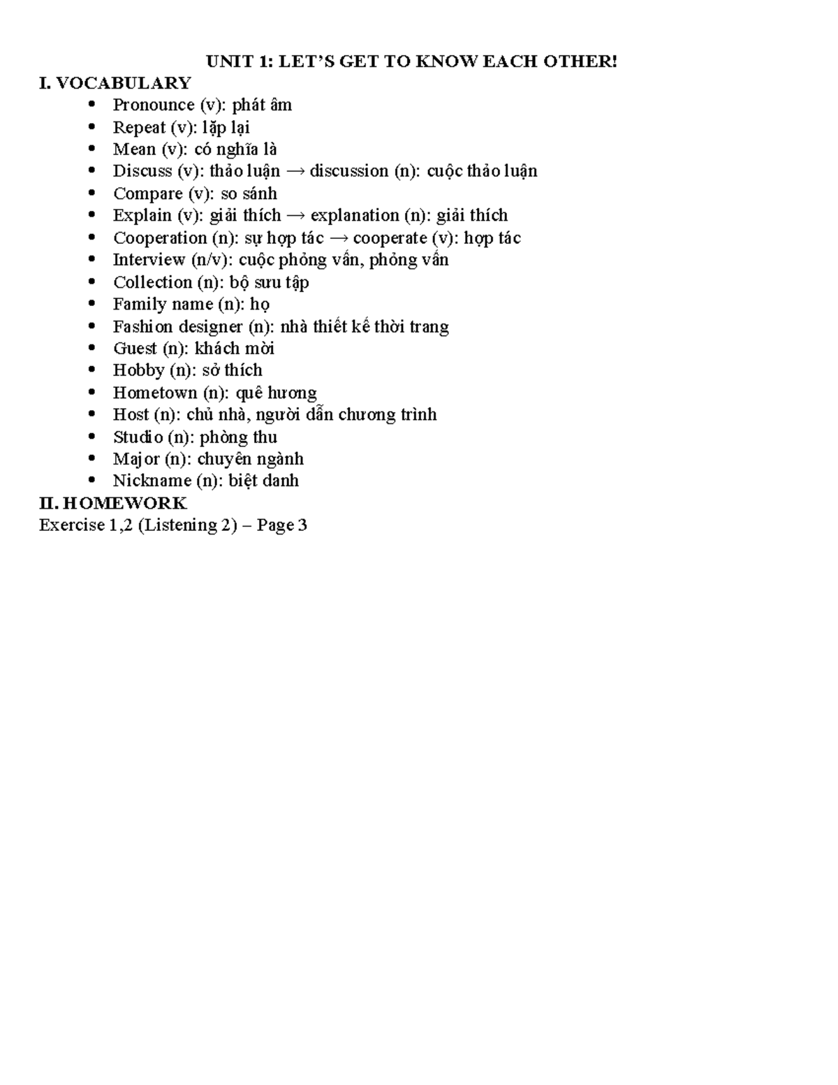 Worksheet UNIT 1 - Lesson 1: Vocabulary & Homework - Studocu