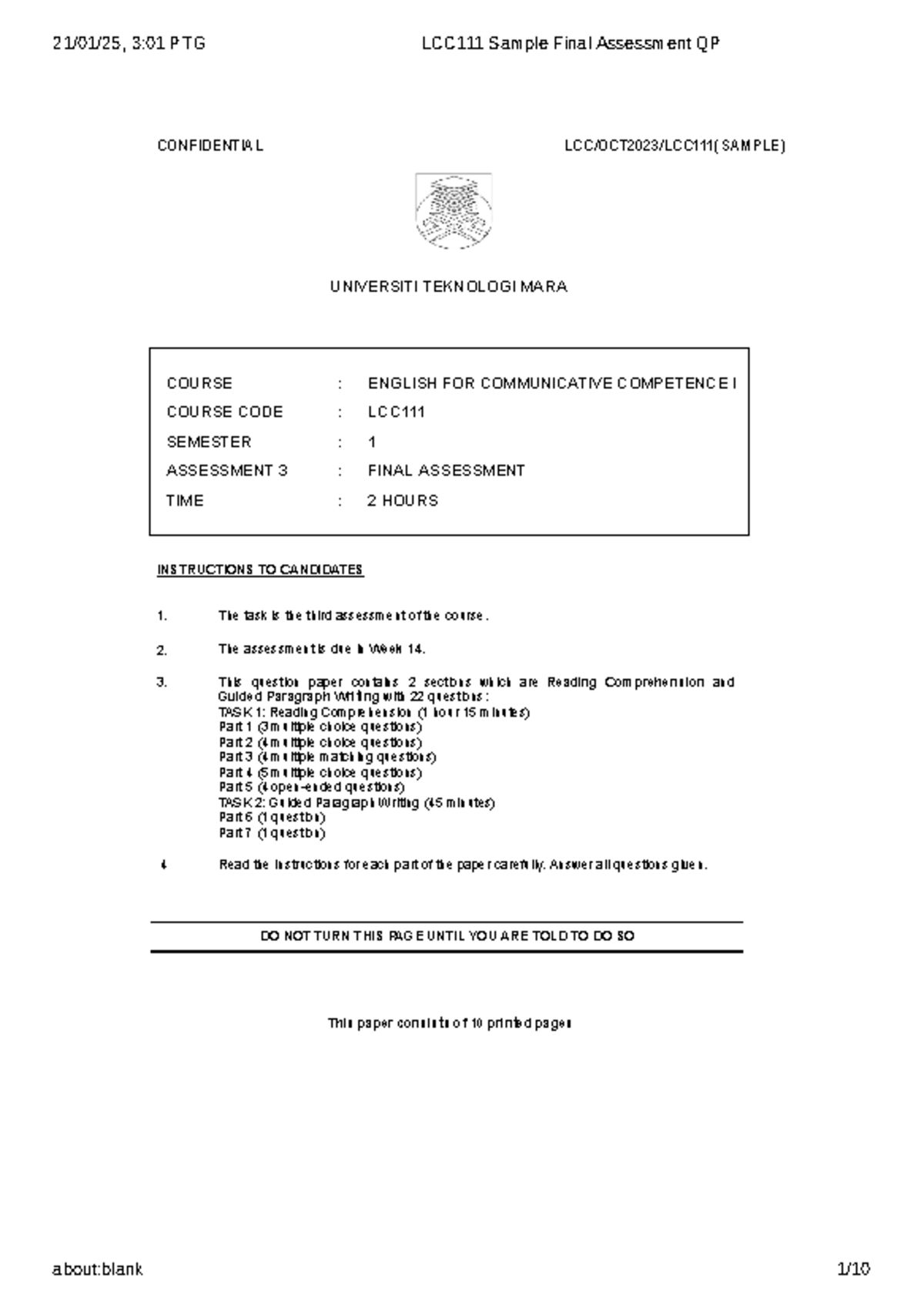 LCC111 Final Assessment Question Paper (Sample) - Studocu