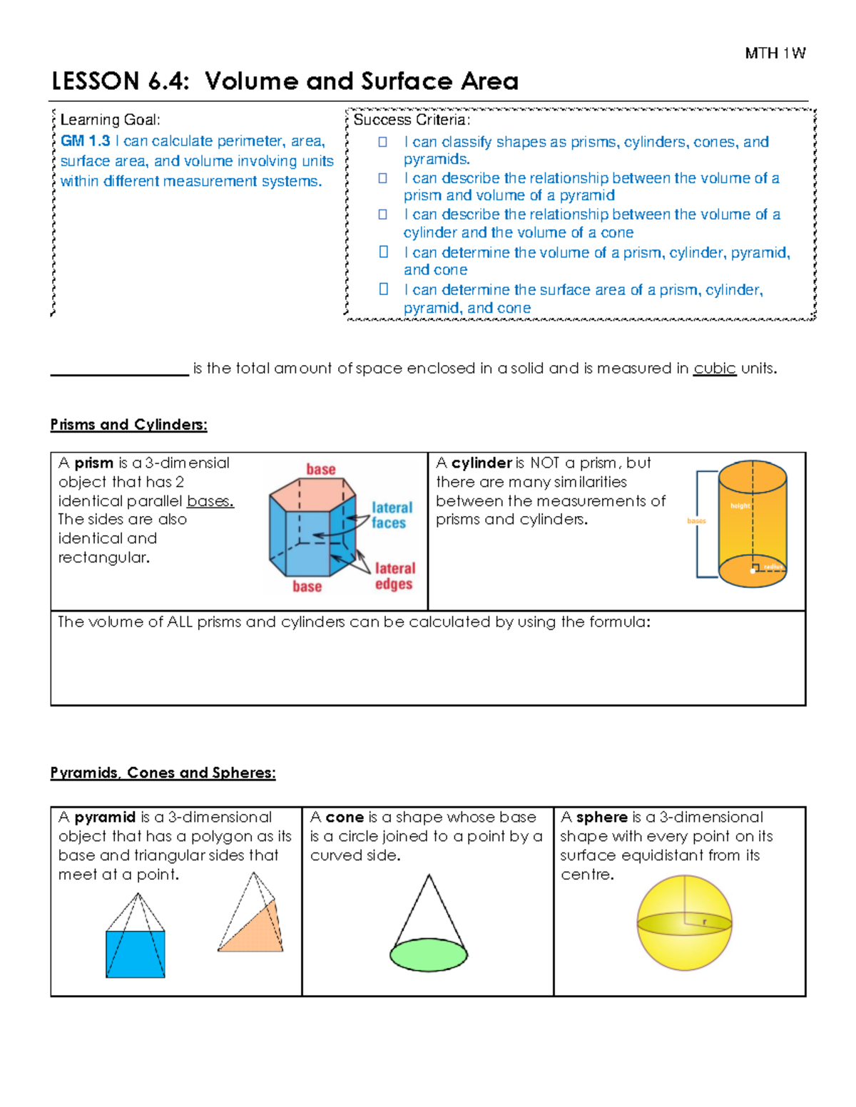 MTH 1W: Lesson 6.4 - Volume and Surface Area Concepts & Formulas - Studocu