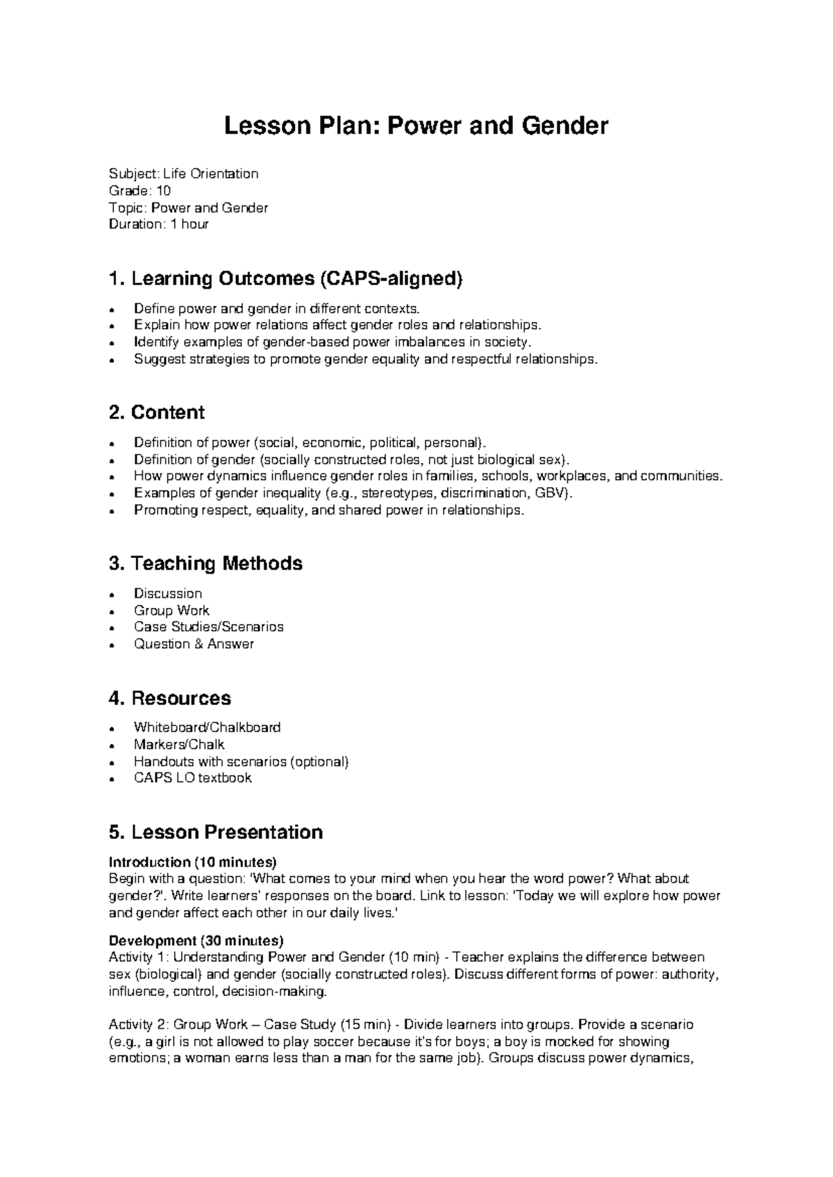 Grade 10 LO Lesson Plan: Exploring Power and Gender Dynamics - Studocu