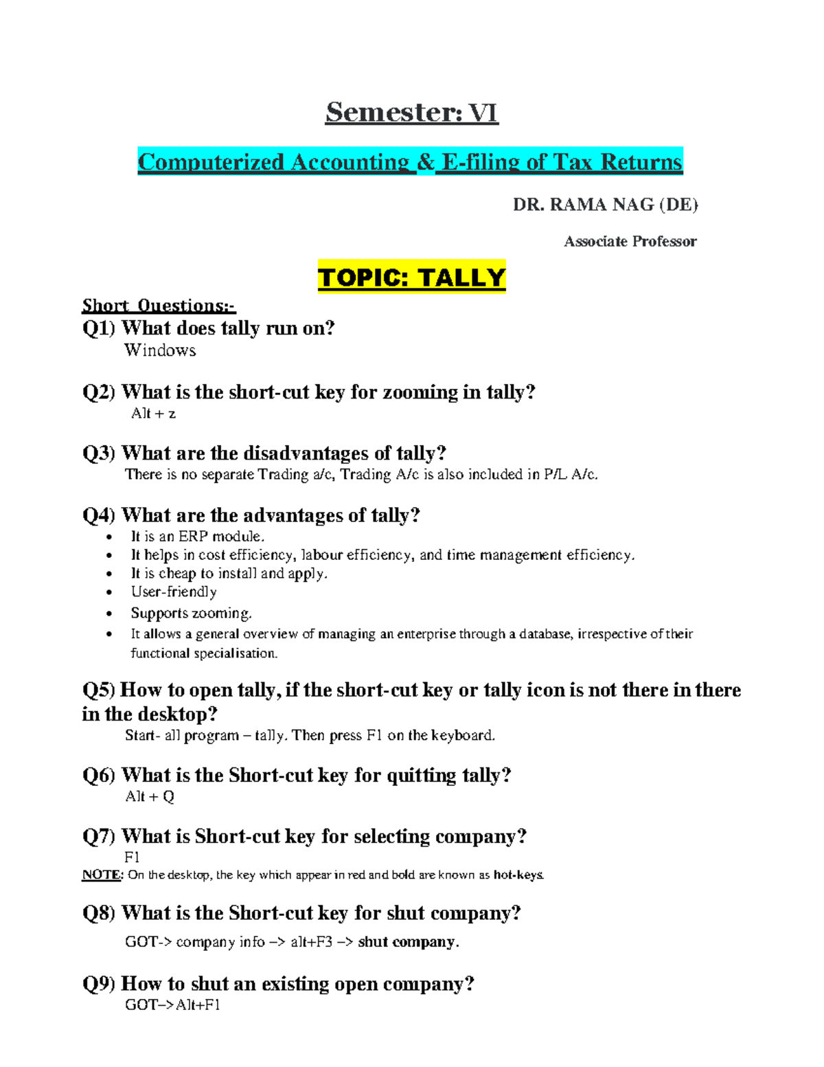 Computerized Accounting & Tax E-Filing: TALLY Guide for Sem VI - Studocu
