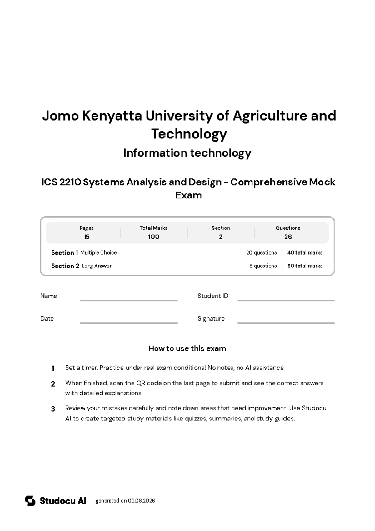 ICS 2210 Systems Analysis and Design - Comprehensive Mock Exam - Studocu