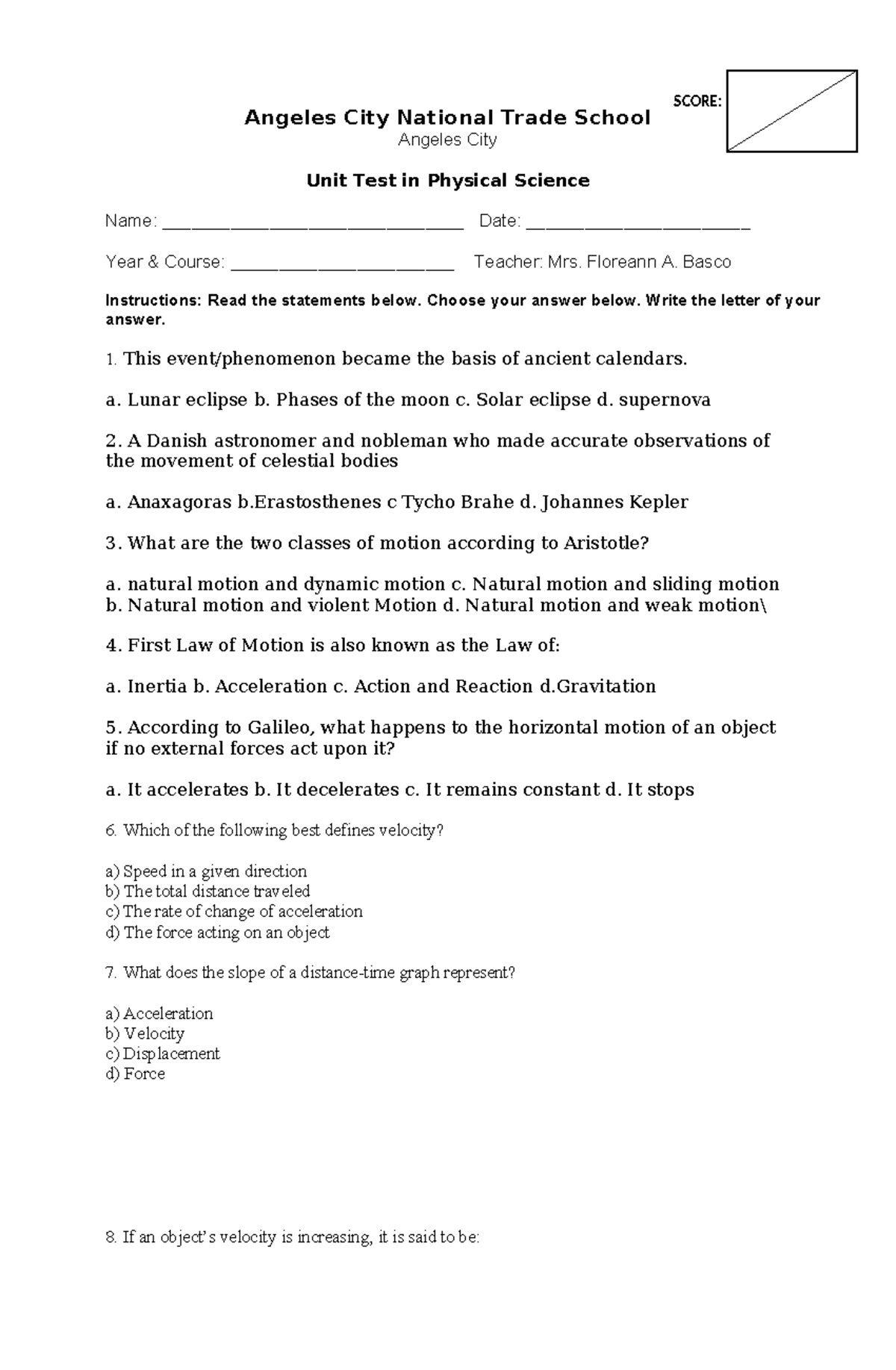 Unit Test In Physical Science - SCORE: Angeles City National Trade ...