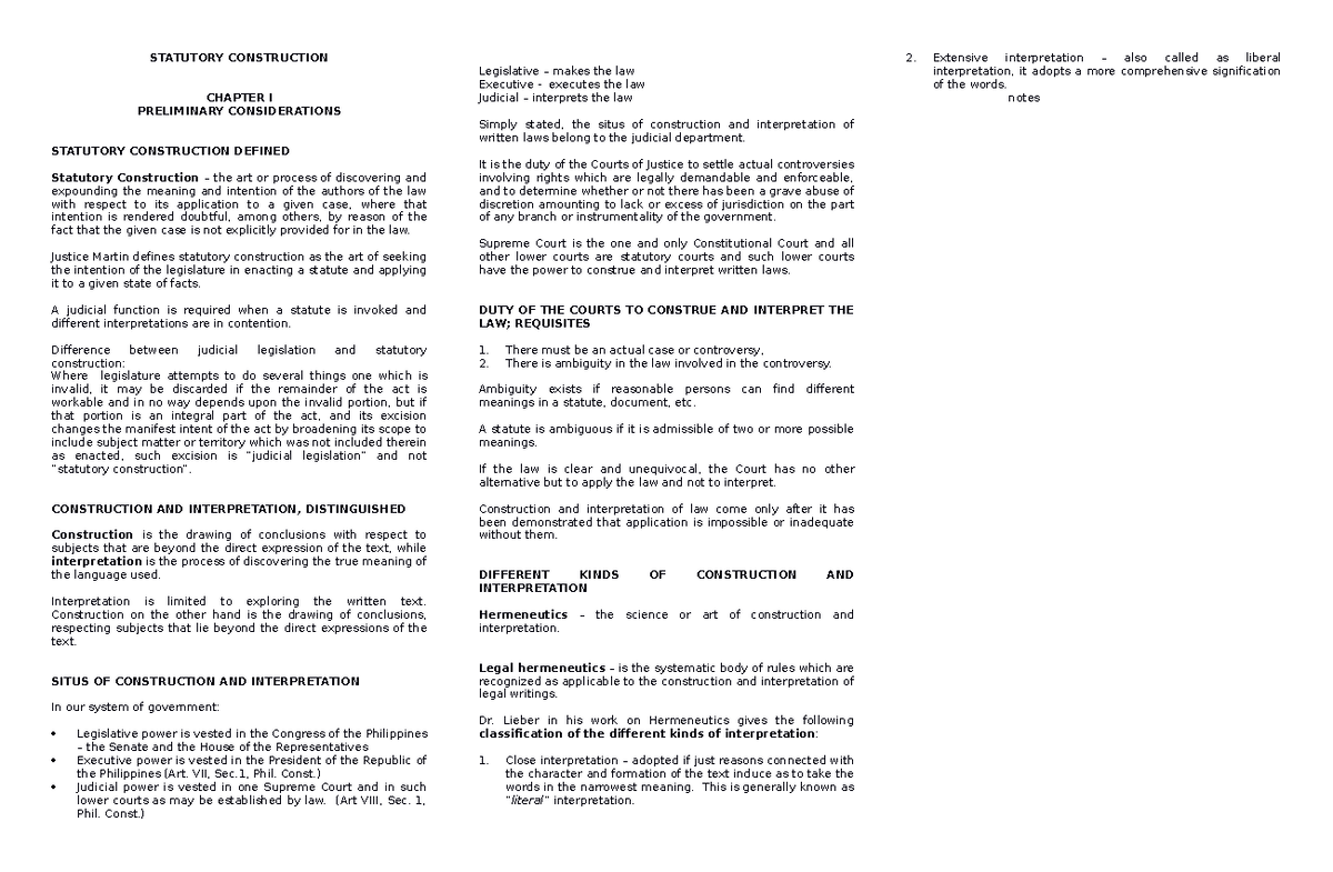 Statcon Agpalo Notes - STATUTORY CONSTRUCTION CHAPTER I PRELIMINARY ...