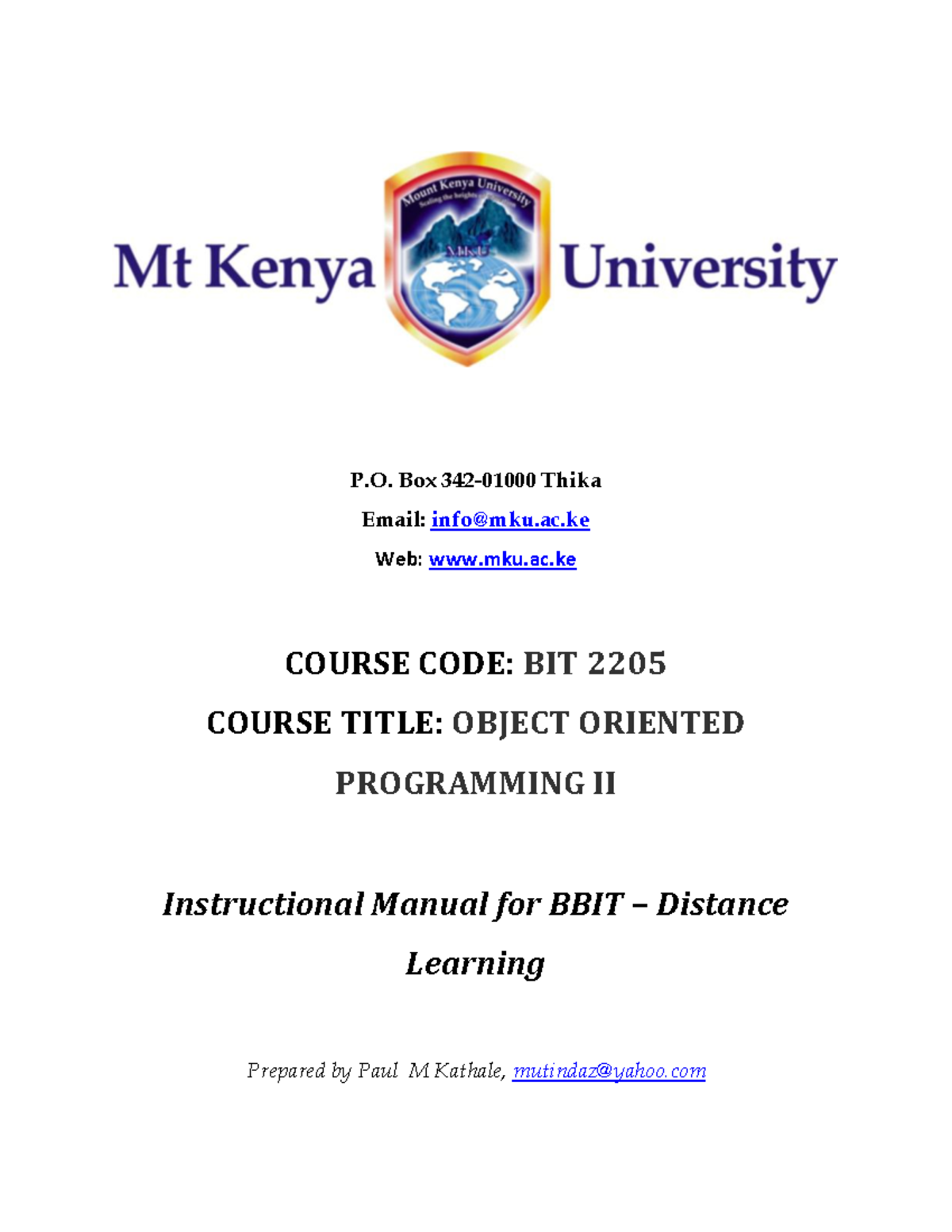 BIT 2205: Object Oriented Programming II - Instructional Manual - Studocu