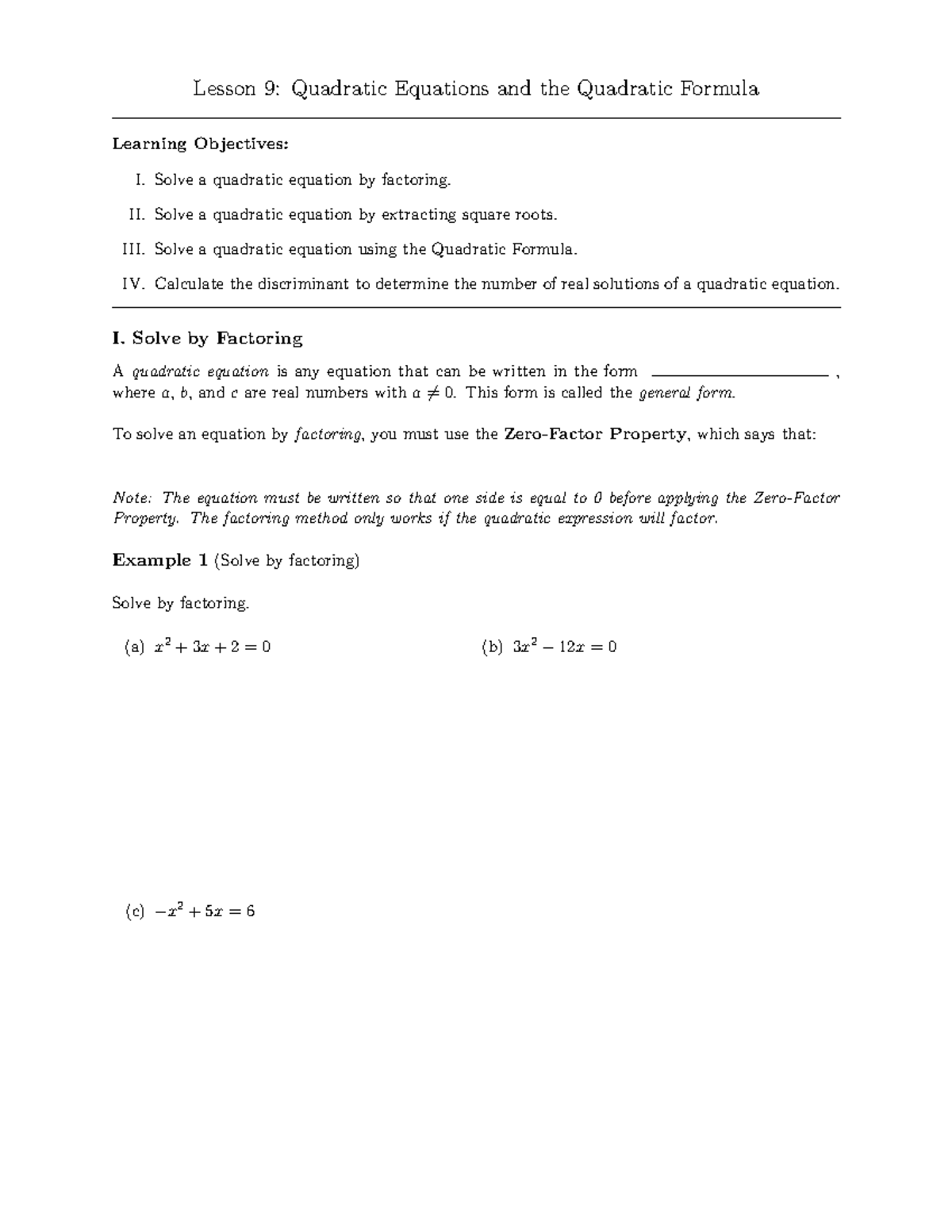 Lesson 9 - Quadratic Equations & Formula - Lesson 9: Quadratic ...
