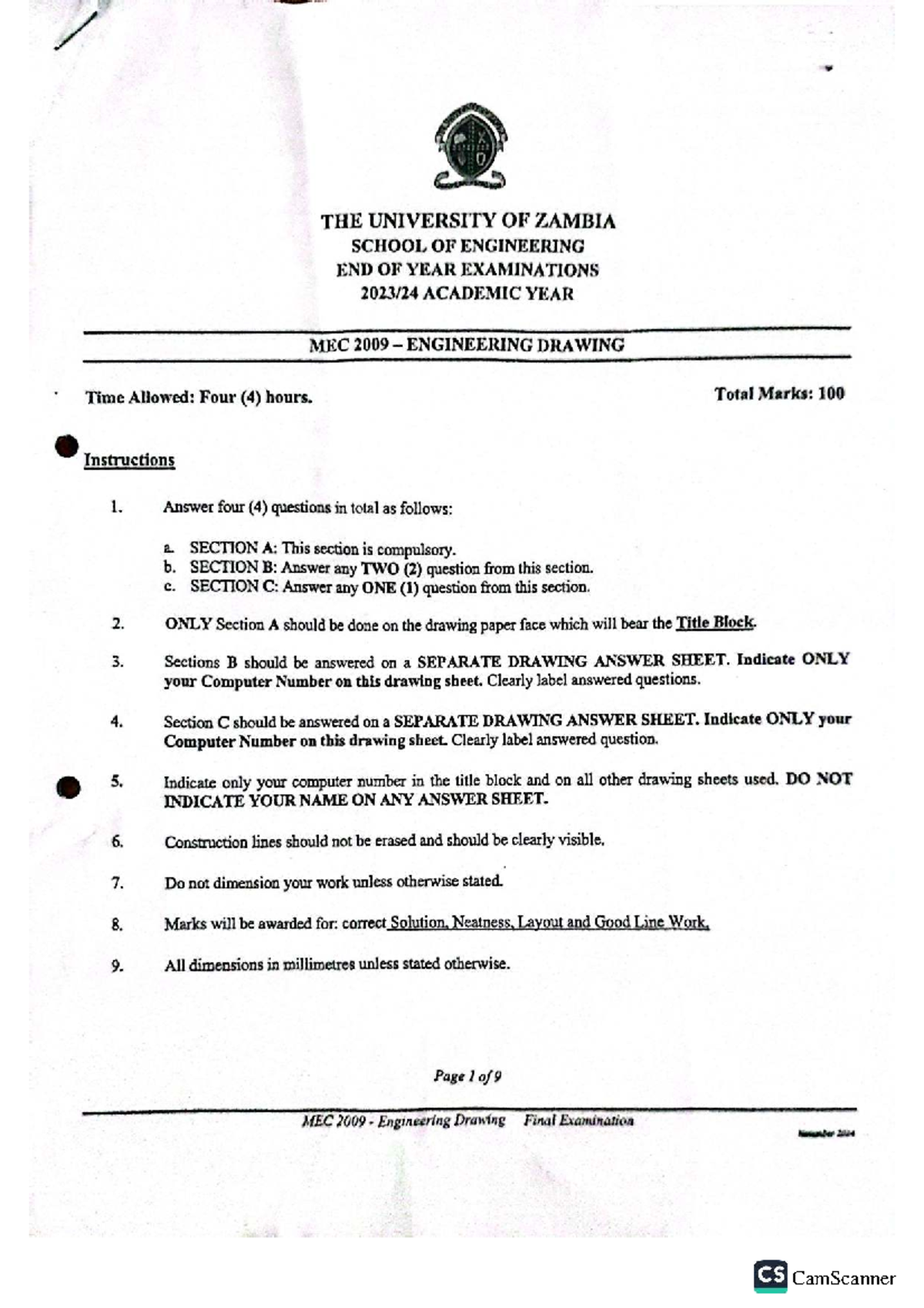 MEC 2009 Engineering Drawing Final Exam Instructions and Questions ...