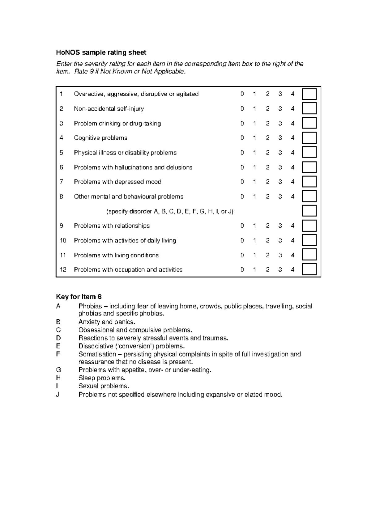 HoNOS Sample Rating Sheet for Mental Health Assessment - Studocu