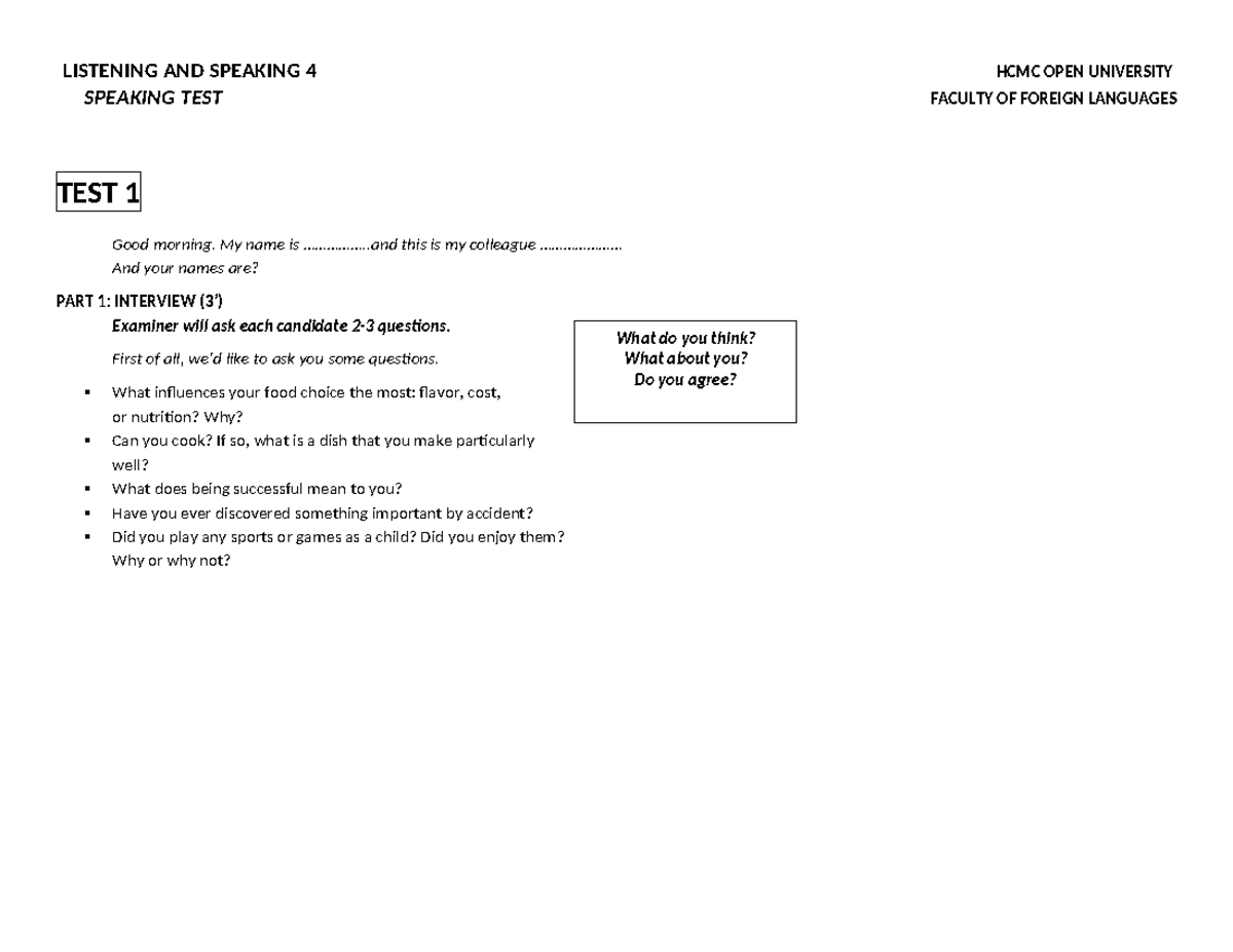Speaking TEST PART 1: Faculty of Foreign Languages Exam Guide - Studocu