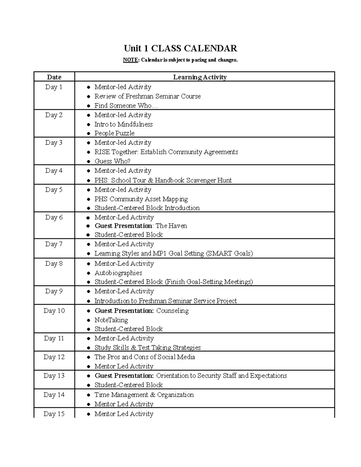 FS 2024 Unit 1 Calendar: Freshman Seminar Activities Schedule - Studocu