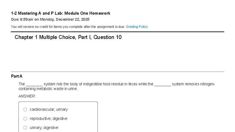 A&P 1-2 Module One Homework: Grading Policy & MC Questions - Studocu