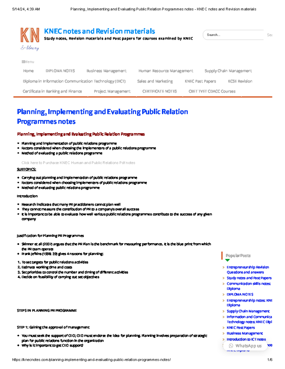 Planning And Evaluating Public Relations Programs Knec Revision Notes