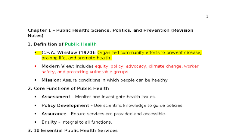 Chapter 1 Revision Notes: Public Health Science, Politics & Prevention ...