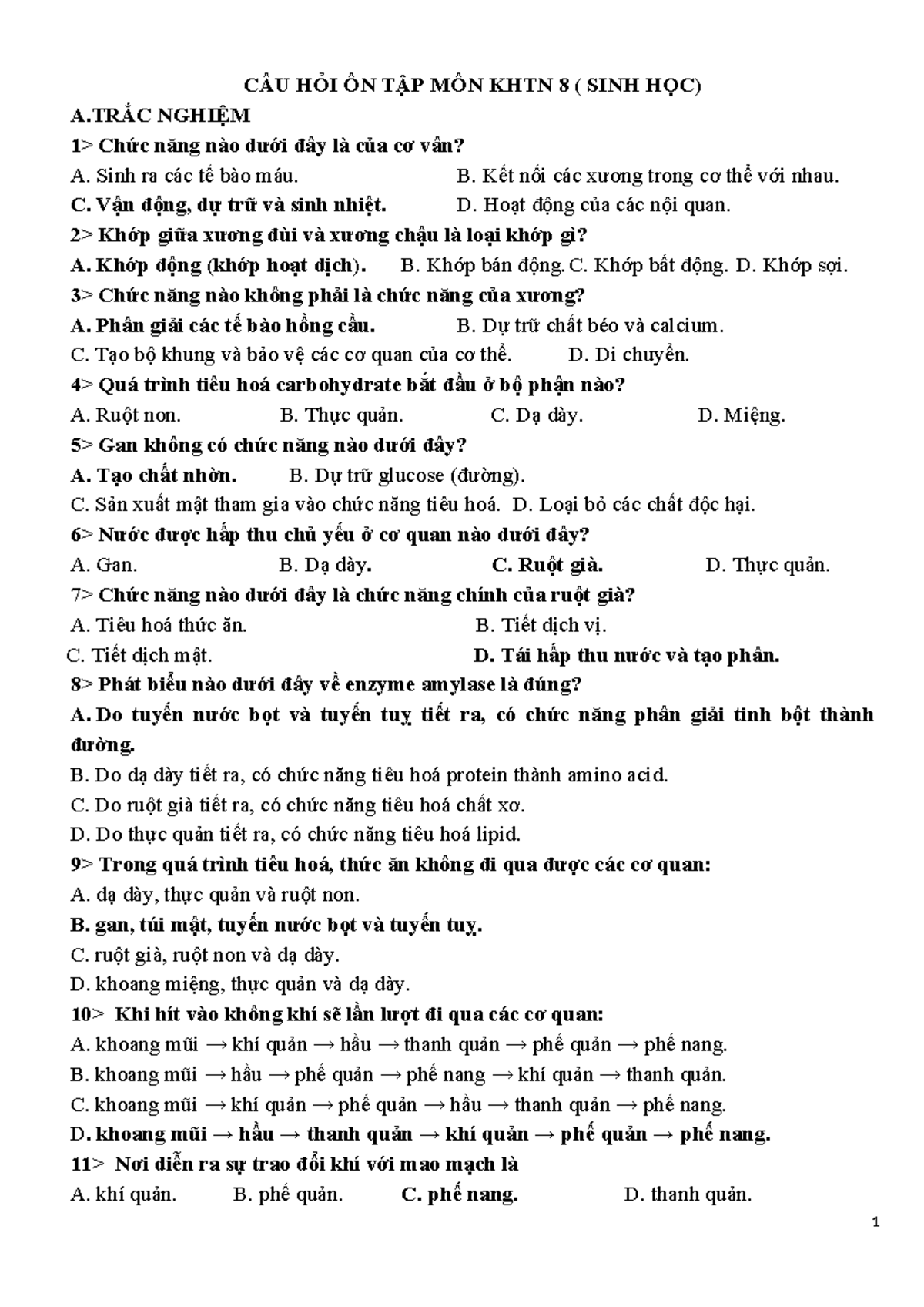 CÂU HỎI ÔN TẬP CUỐI KÌ MÔN KHTN 8 (SINH HỌC) - Studocu
