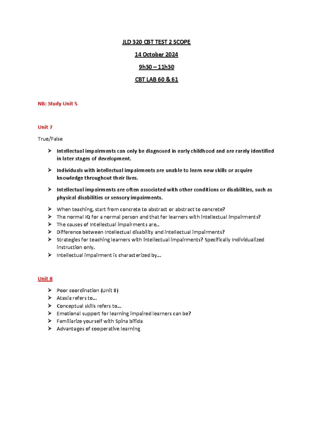 JLD 320 CBT Test 2: Scope and Key Concepts Overview - Studocu
