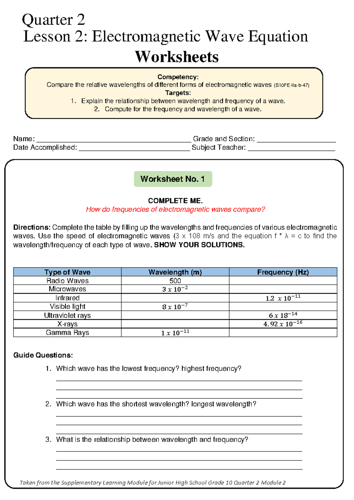 Grade 10 Q2 Lesson 2: EM Wave Equation Worksheets - Studocu