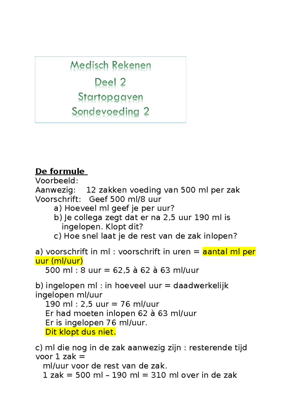 Medisch Rekenen Deel 2: Startopgaven Sondevoeding en Berekeningen ...
