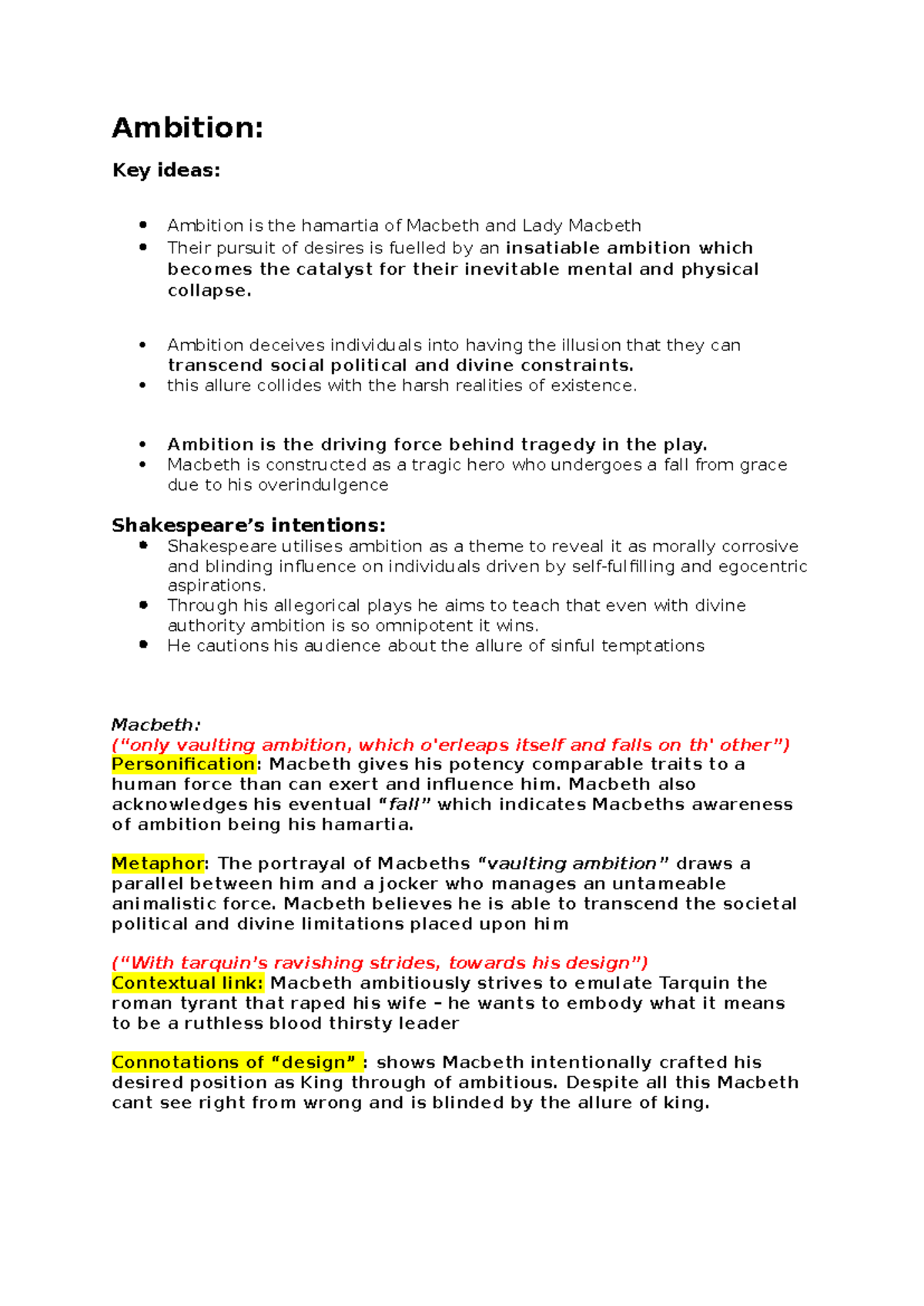 Final Exam Essay Notes: Ambition in Shakespeare's Macbeth - Studocu