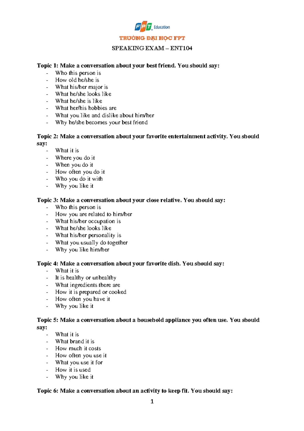 ENT104 FE Speaking Exam Topics & Conversation Prompts - Studocu