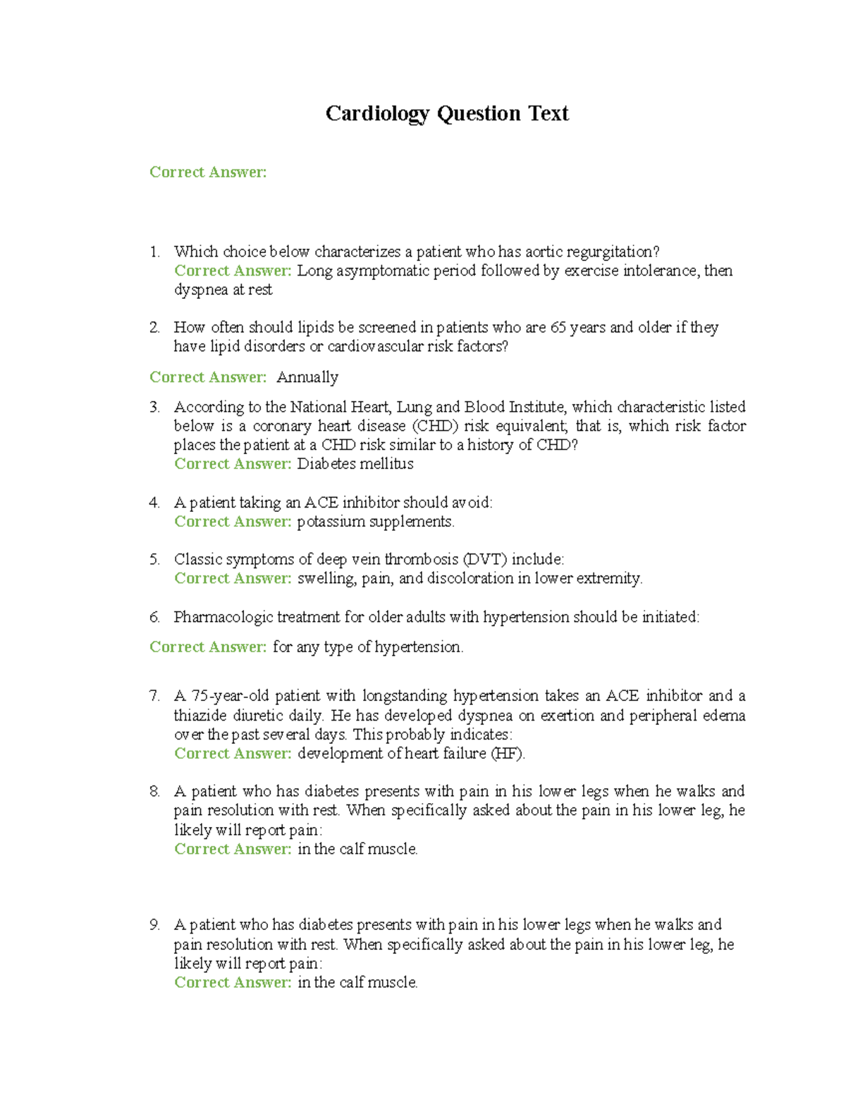 Cardiology Quiz Questions and Answers for Nursing Review - Studocu