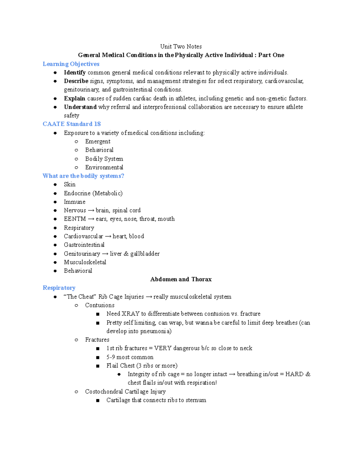 General Medical Conditions for Active Individuals: Unit Two Notes ...