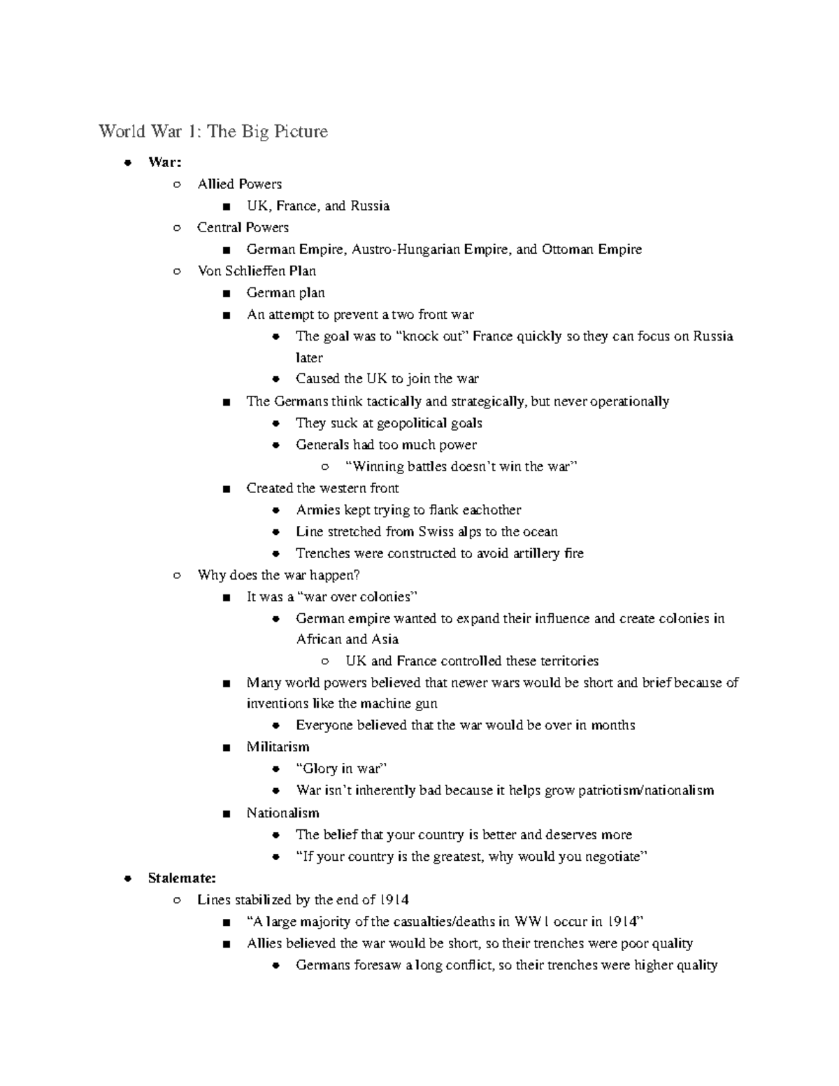 HIST 3534 - Week 7 Notes: Analyzing WW1 Dynamics and Strategies - Studocu