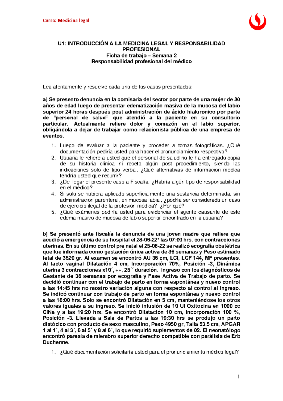 Medicina Legal U1: Responsabilidad Profesional y Casos Prácticos - Studocu